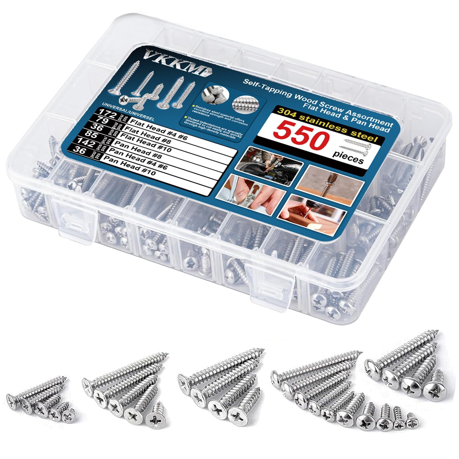550 pcs Stainless Steel Self-Tapping Wood Screw Assortment Kit, Self ...