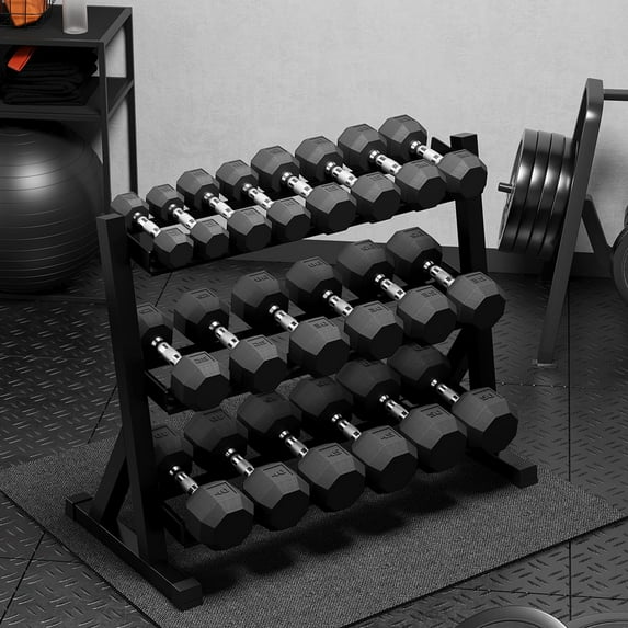 550LB Rubber Hex Dumbbell Set (5-50LB) with Black Rack - Textured ...