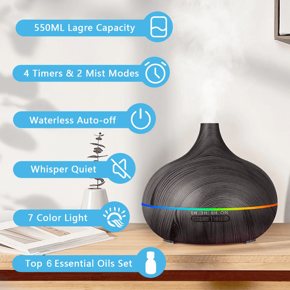 550ML Aromatherapy Diffuser w/ Remote 7-Color LED Humidifier for Home ...