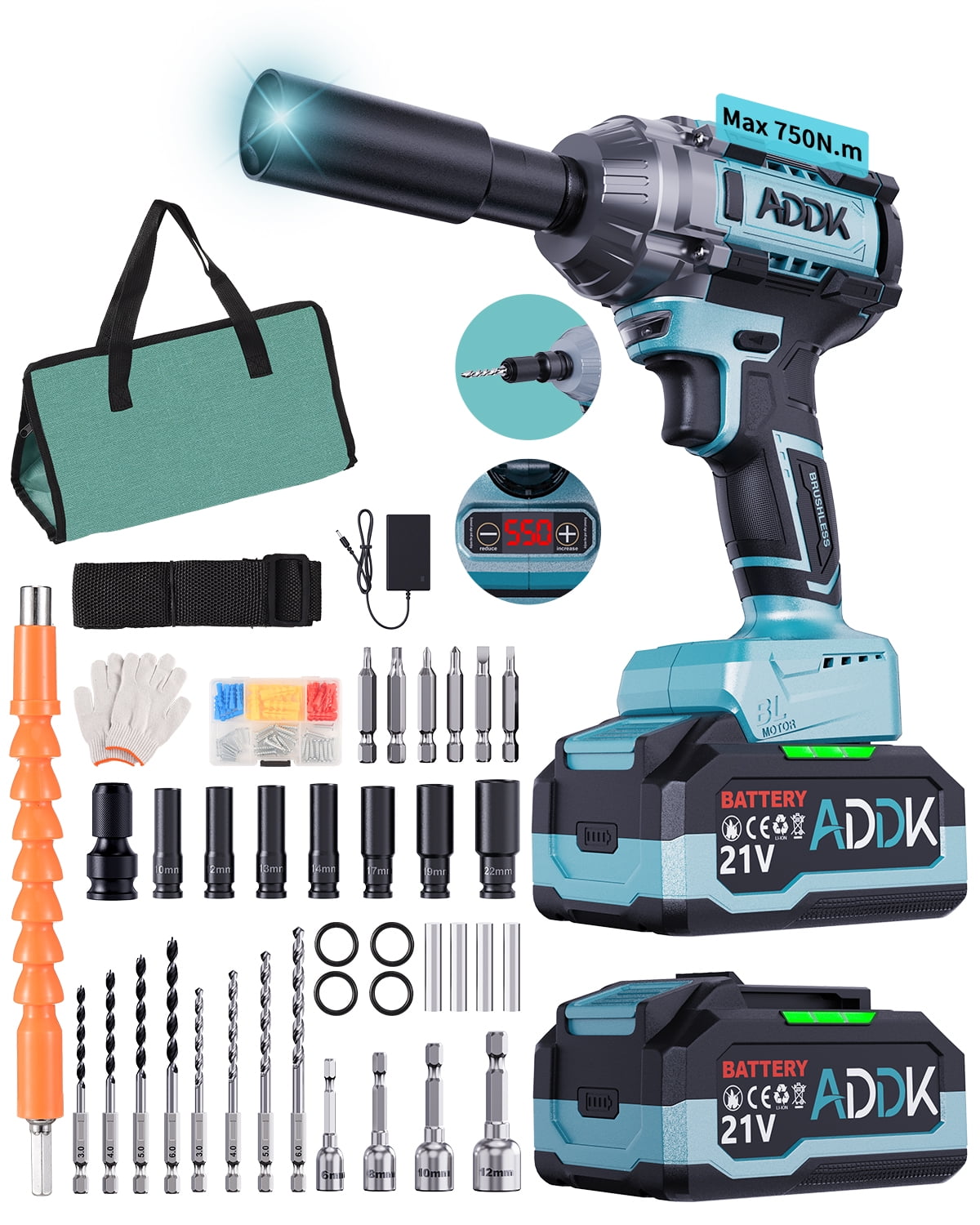 550N.m Cordless Impact Wrench, 6 Speed, 1/2 Inch 406 ft-lb Electric ...