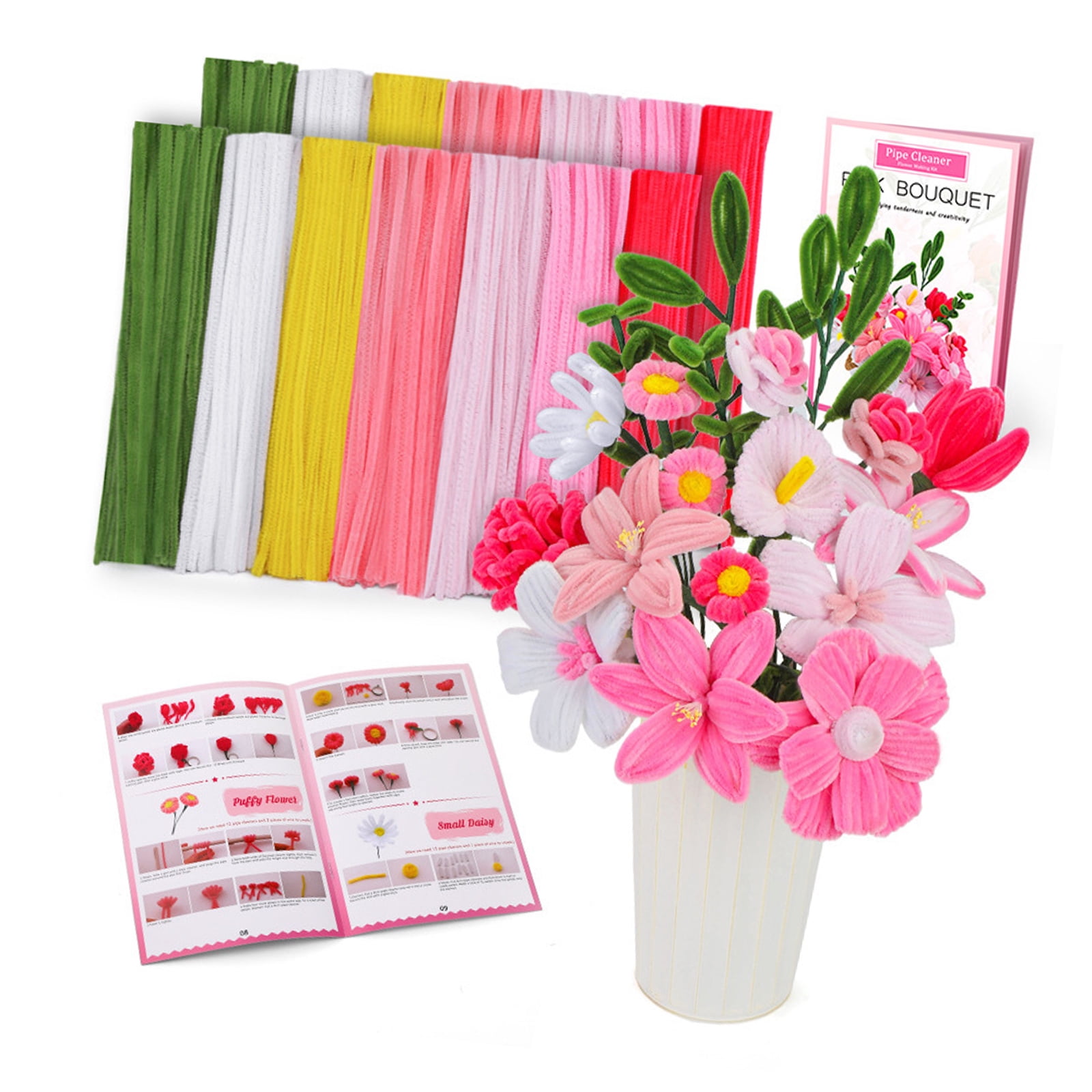 550Pcs Plush Stems Bouquets Craft Set with Instruction Handmade Pipe Cleaners Bouquets Set for ...