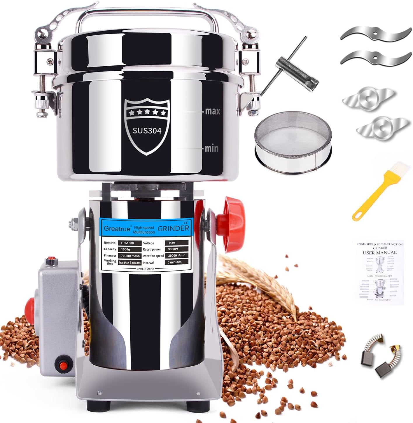 550g Electric Grain Mill Grinder, 304 Stainless Steel Grain Mill, 2000W High Speed Spice Grinder ...