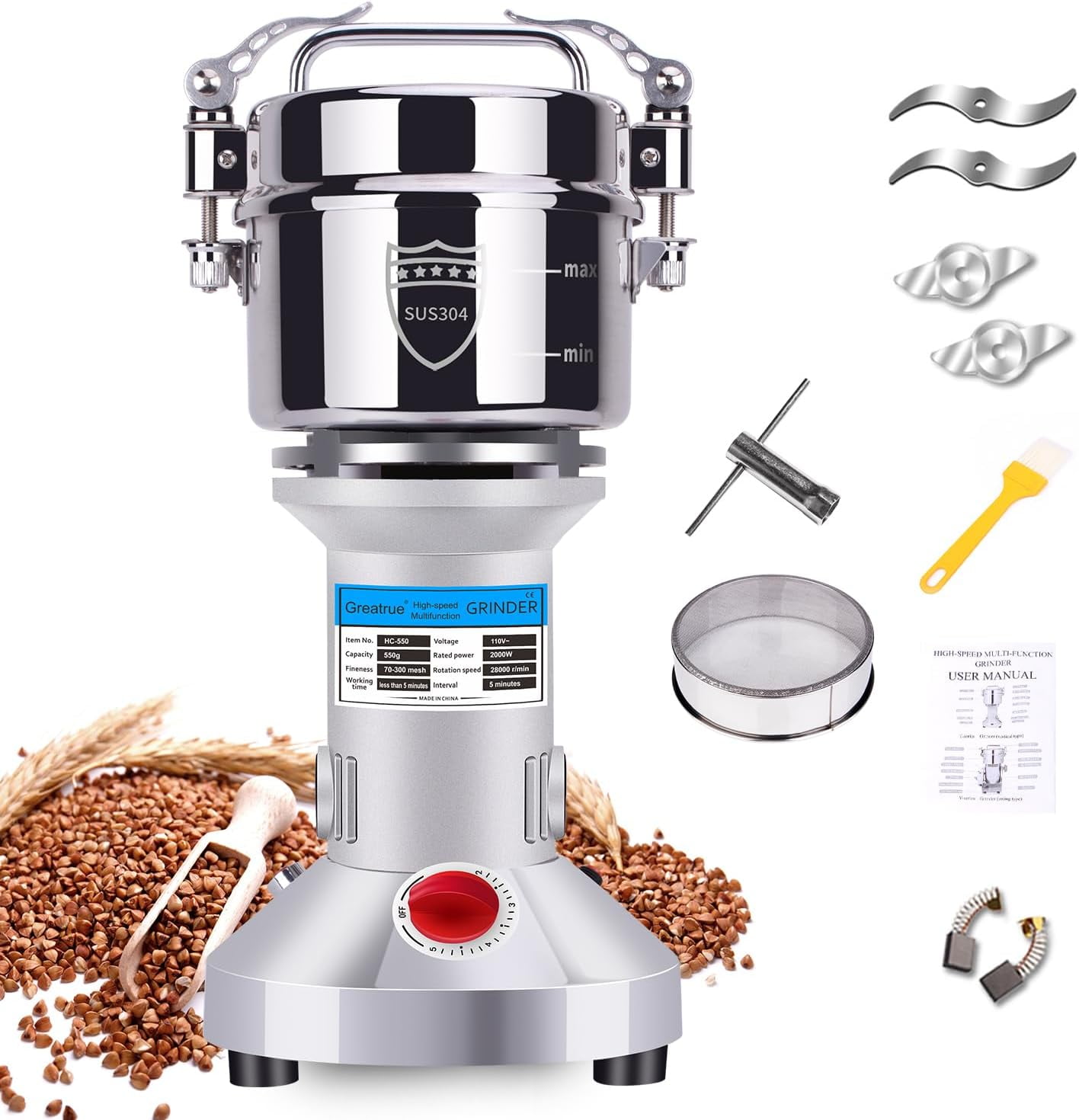 550g Electric Grain Mill Grinder, 304 Stainless Steel Grain Mill, 2000W ...
