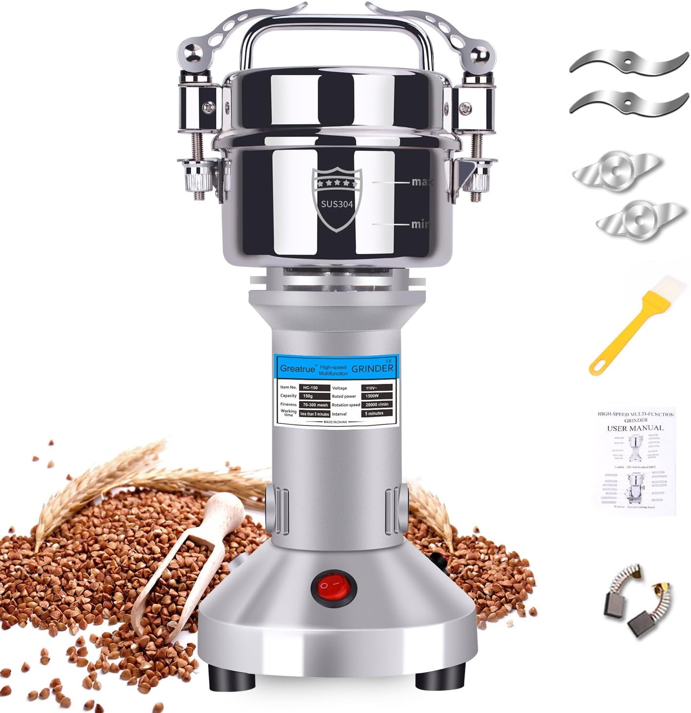 550g Electric Grain Mill Grinder, 304 Stainless Steel Grain Mill, 2000W ...