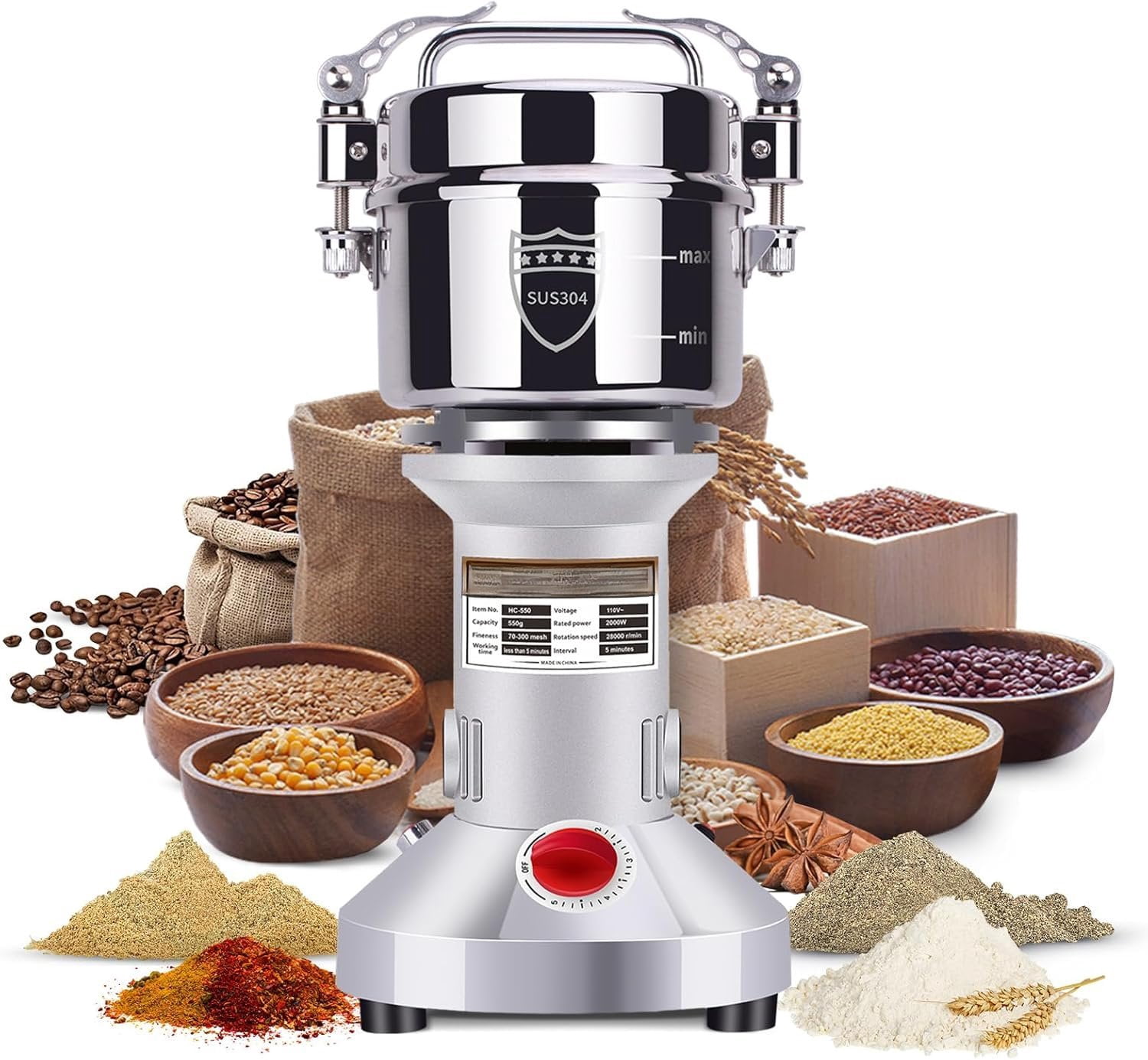 550g Grain Mill 2000W Stainless Grain Pulverizer Machine for Dry Wheat ...