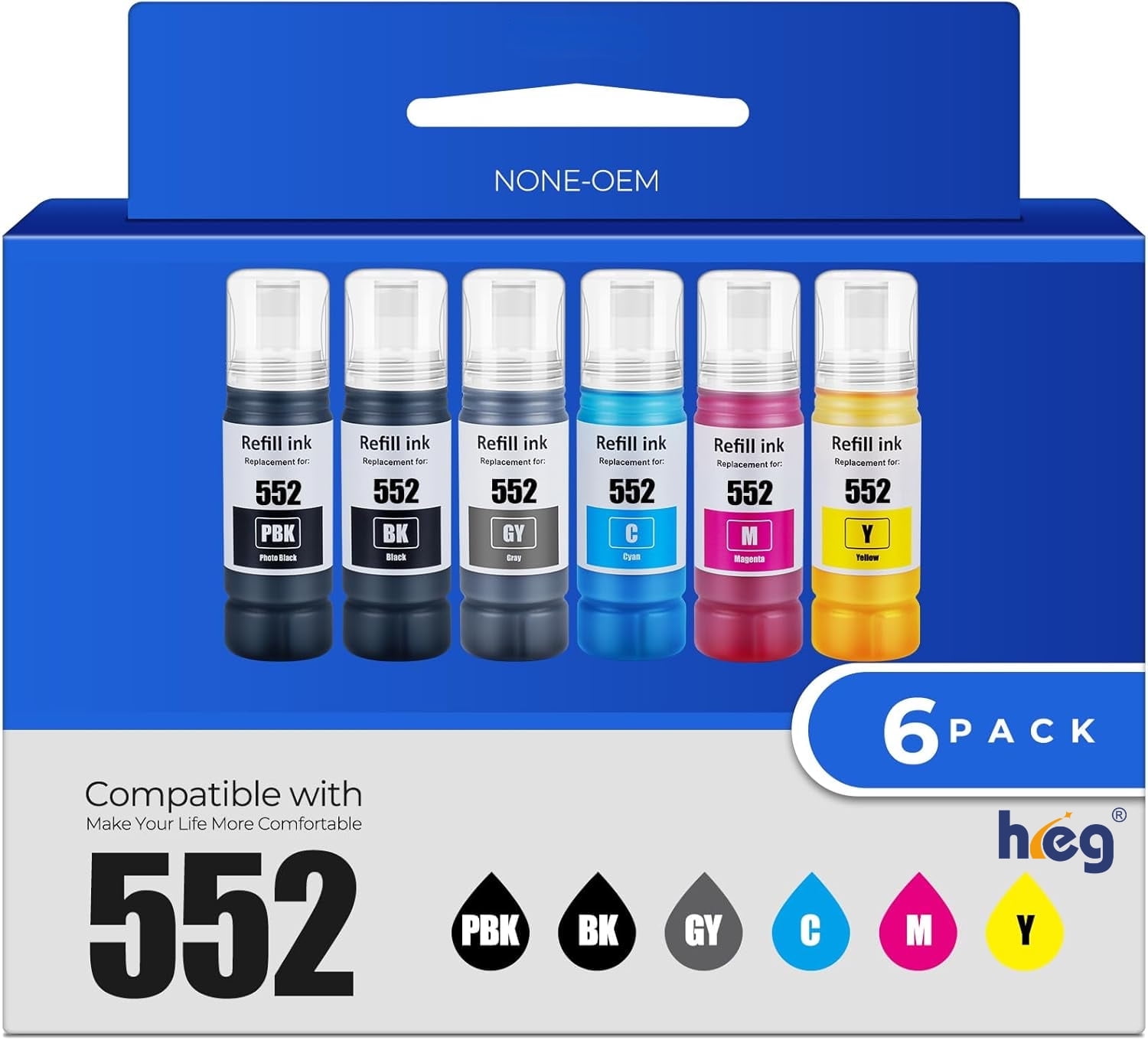 552 Ink Bottles Ecotank 6 Pack ET-8550 ET-8500 Replacement for Epson ...