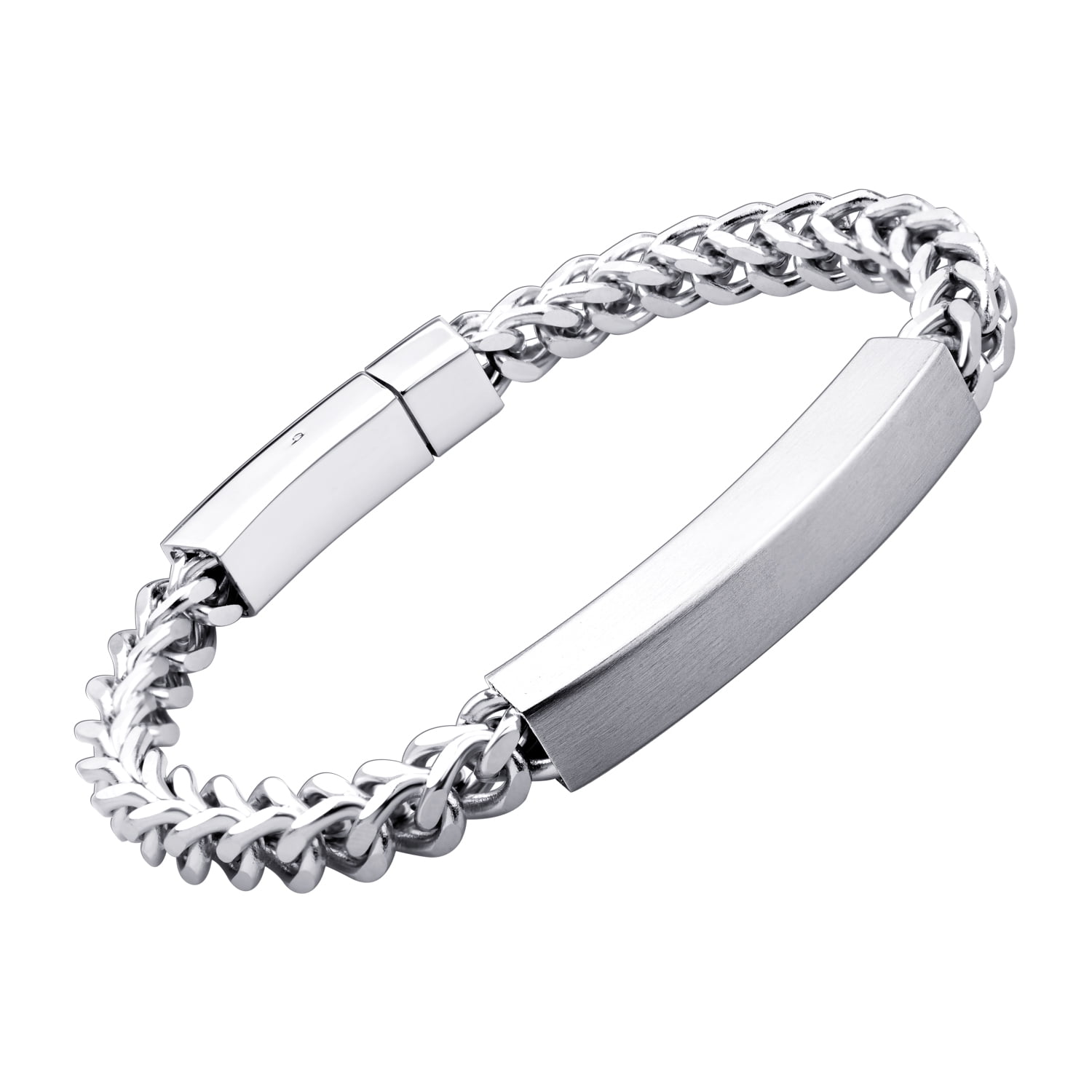 555 Jewelry Stainless Steel Square Magnetic Clasp Franco Chain ID Men Bracelet with Bar, Silver ...