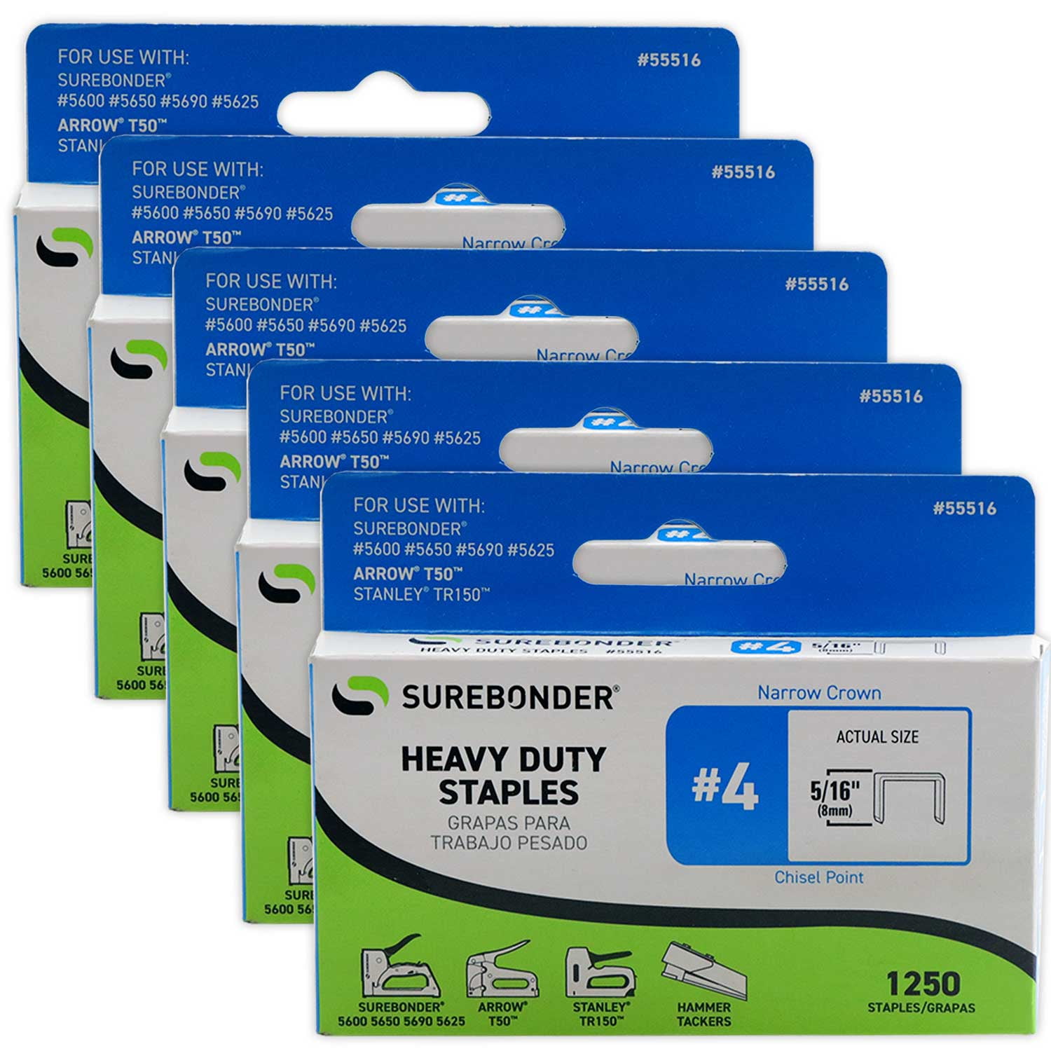 55516 #4 Heavy Duty Narrow Crown Staples - 5/16" Length - 1250/box, 5 ...