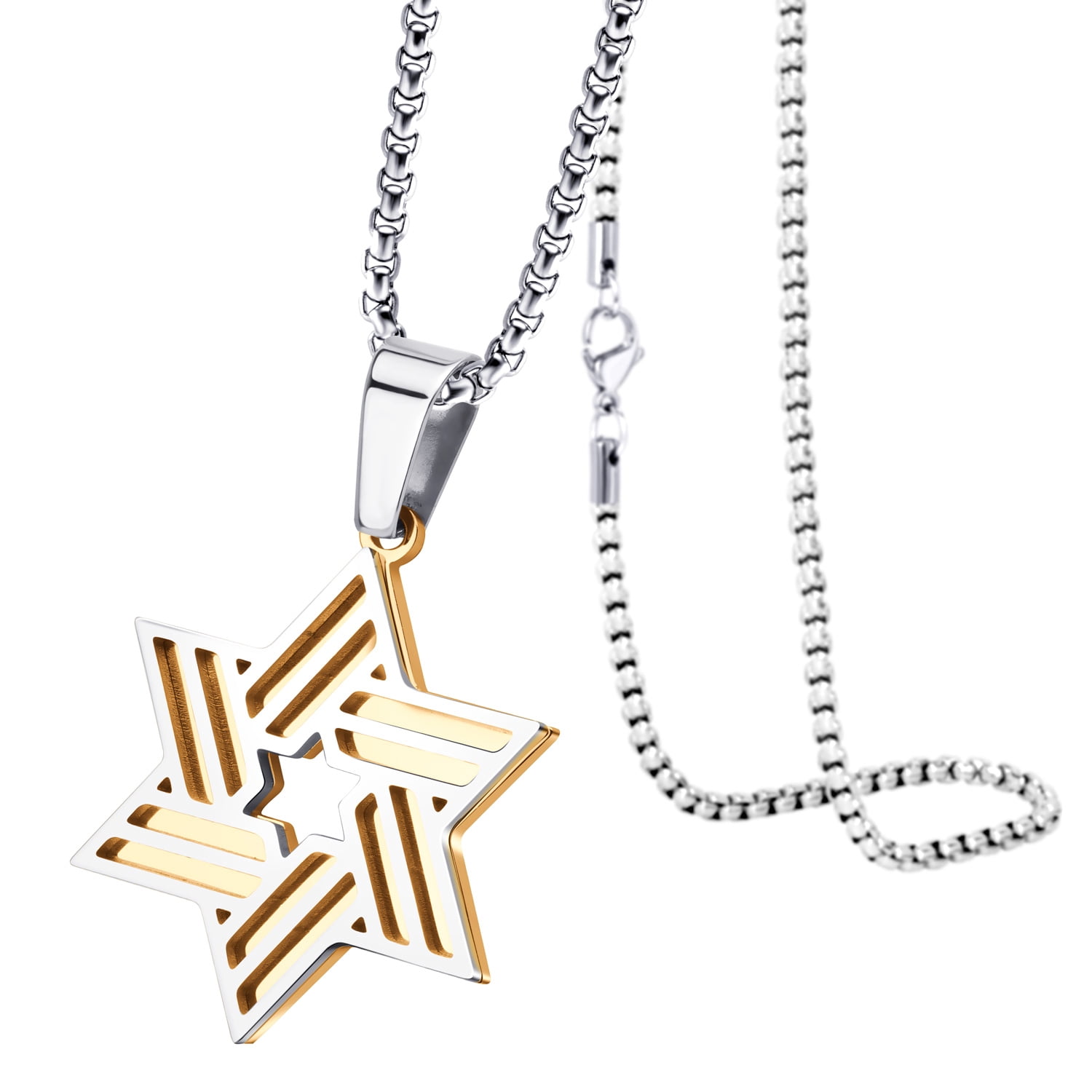 ‎555Jewelry Ribbed Stainless Steel Box Chain Star of David Necklace for ...