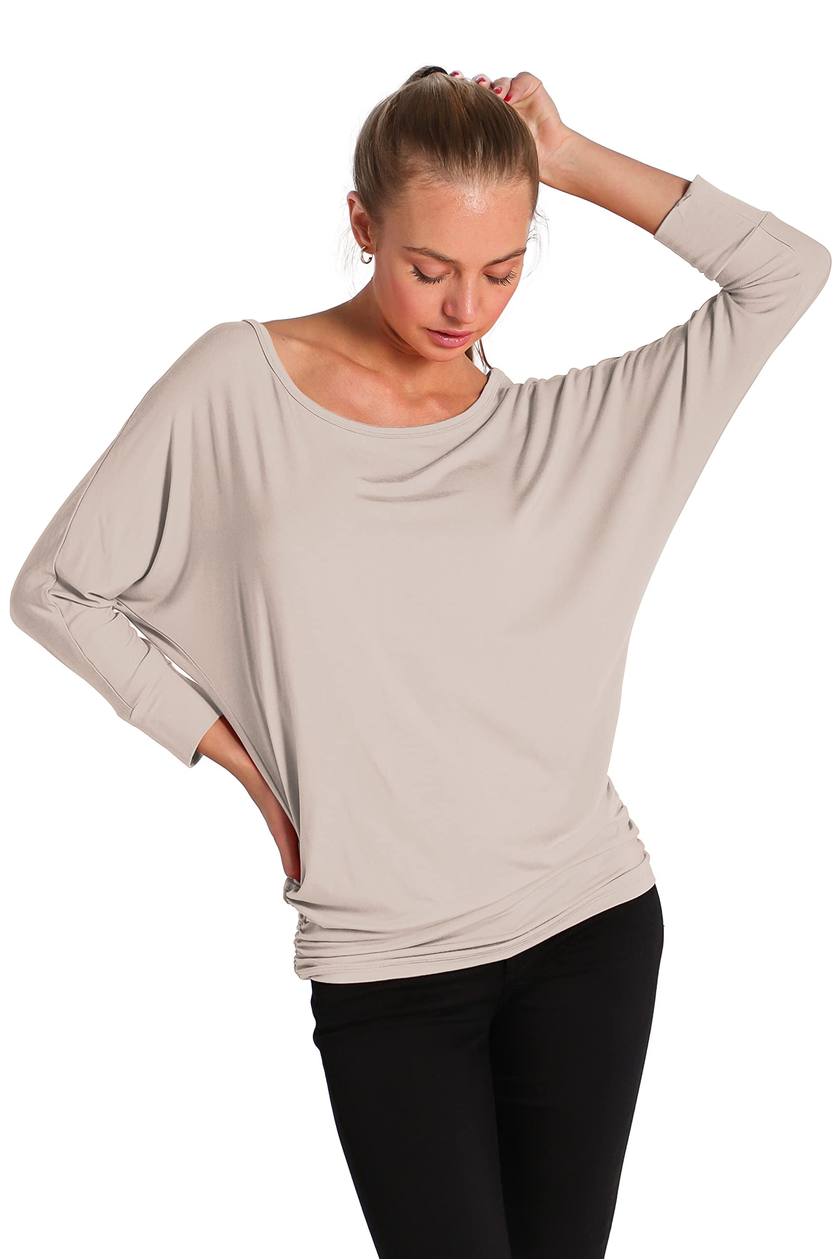 5574 Women's Plus Size Luxe Rayon Boat Neck Dolman 3/4 Sleeve With Side Ruched Top AshMocha 2X ...