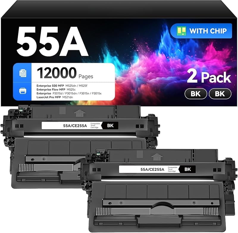 55A Black Toner Cartridge 2-Pack Replacement for HP 55A CE255A 55X ...