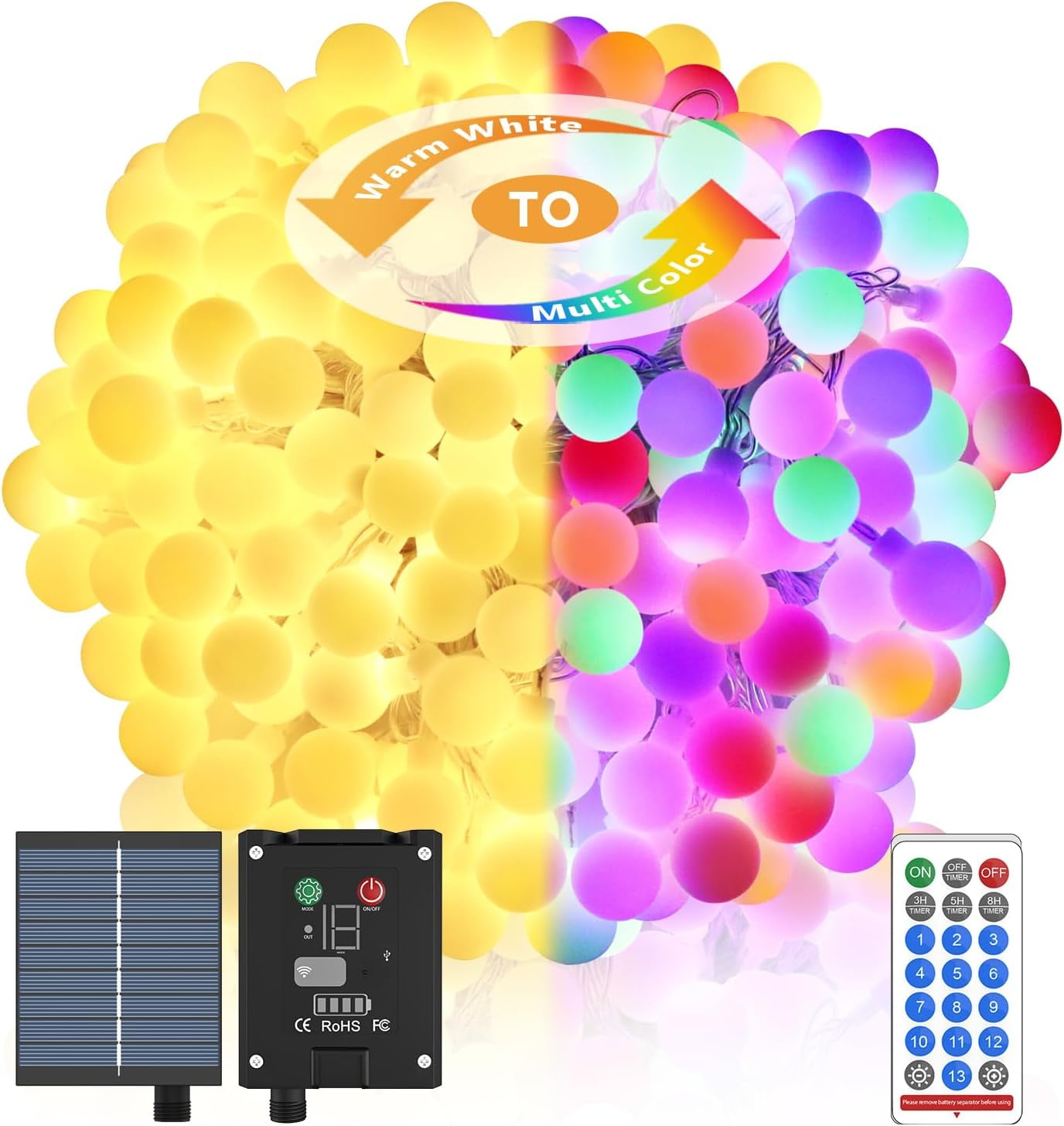 55FT Solar Color-Changing String Lights 100LED, 1200mAh Large Capacity ...