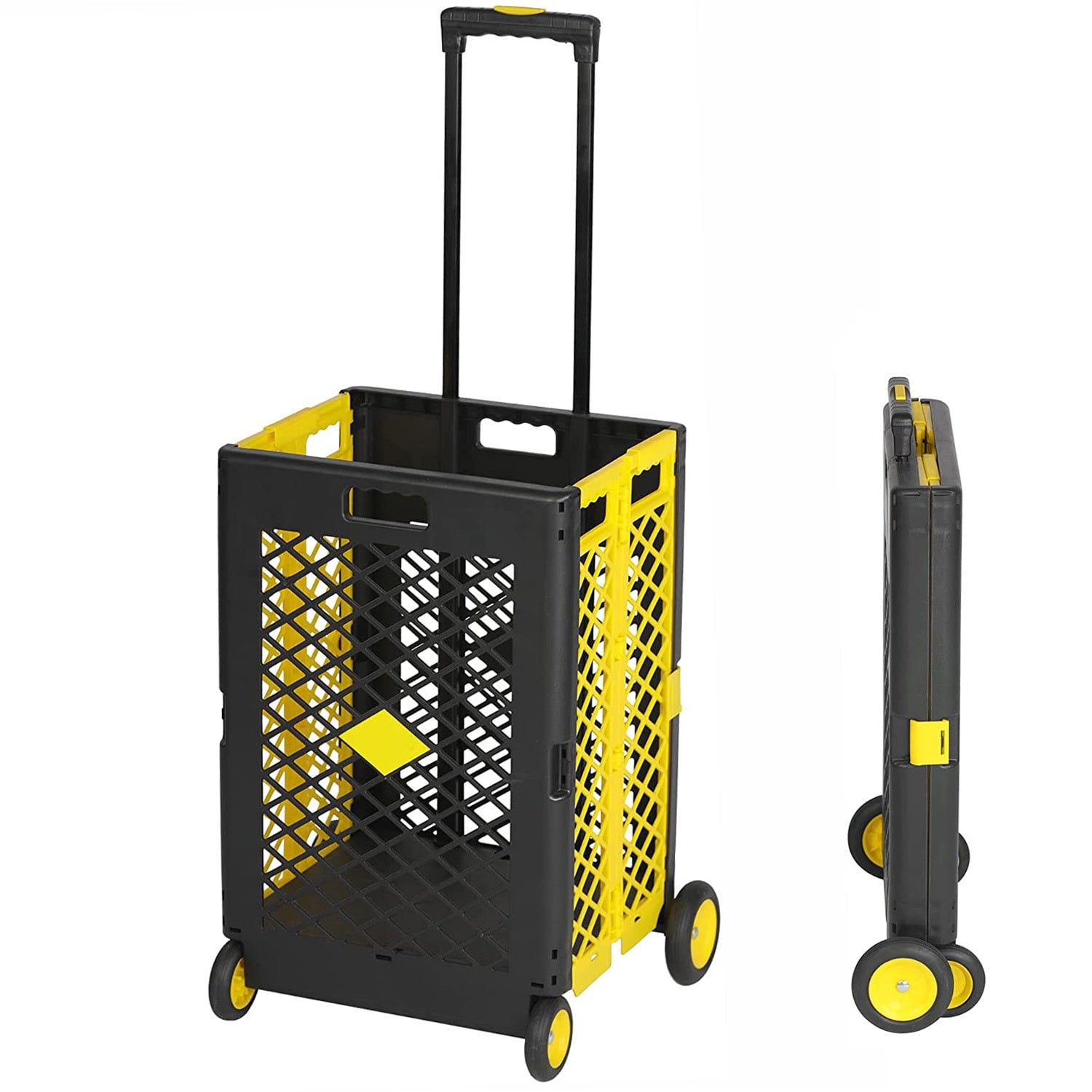 55L Foldable Rolling Cart with Wheels, Telescopic Handle, Yellow/Gray ...