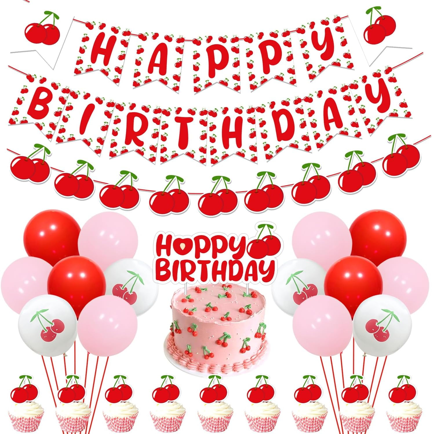55Pcs Cherry Themed Birthday Party Decorations Happy Birthday Baner ...