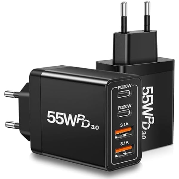 55W European Travel Plug Adapter 2 Pack, European USB C Charger 4-Port ...