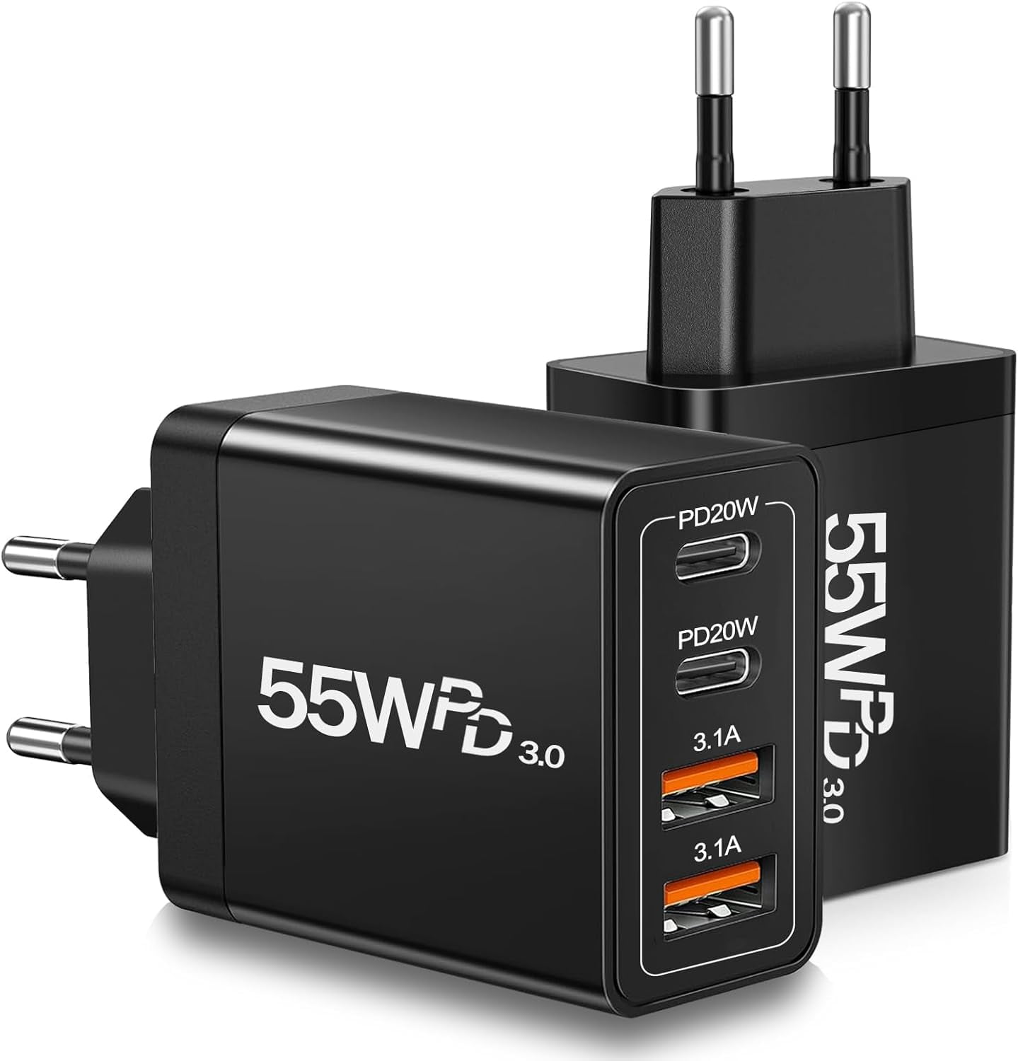 55W European Travel Plug Adapter 2 Pack, European USB C Charger 4-Port ...