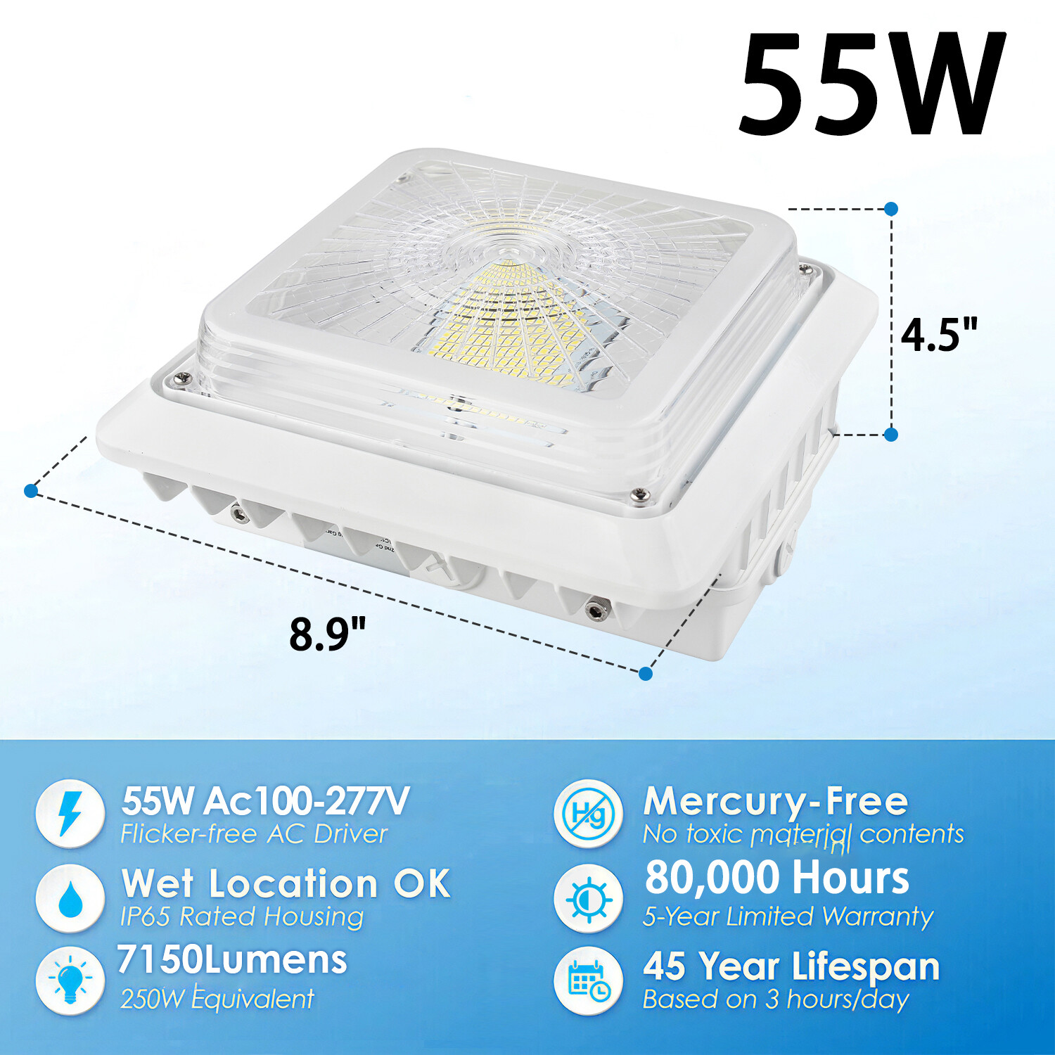 55W LED Canopy Lights Gas Station Canopy Light Fixture 7150LM IP65 UL ...