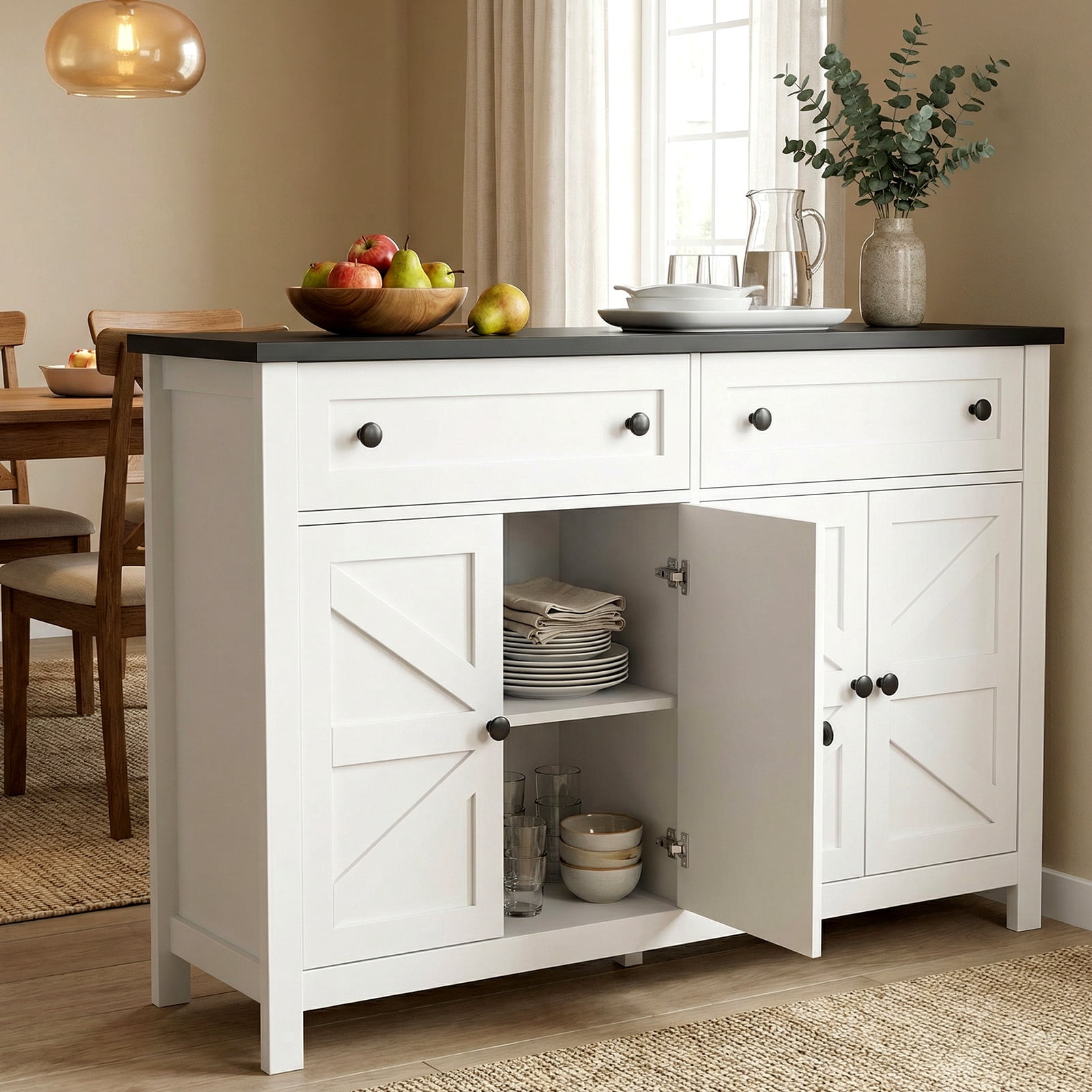 55in Buffet Cabinet, Wood Sideboard with 2 Drawers 4 Barn Doors, Water ...