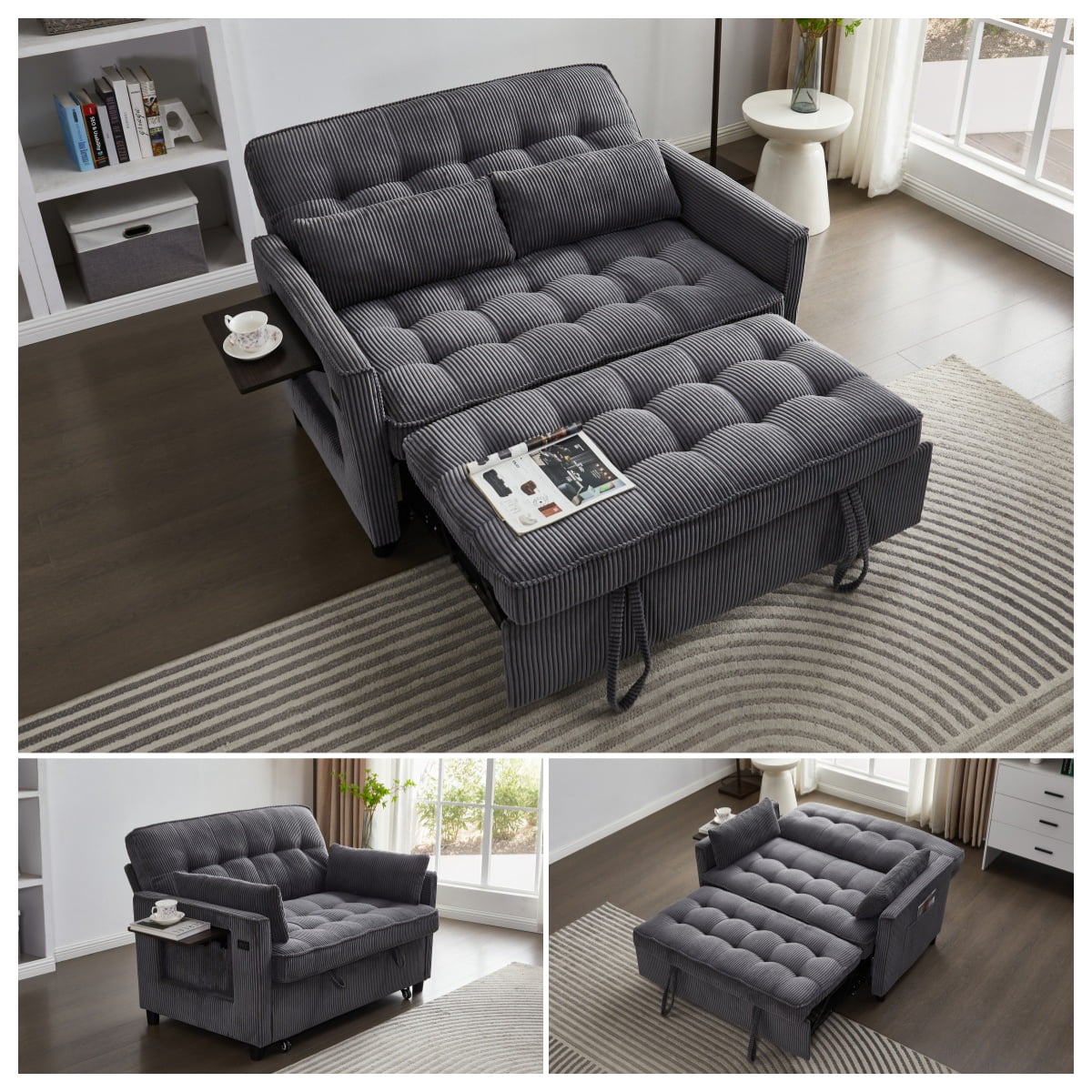 55in Sleeper Sofa Bed, 3 in 1 Convertible Pull Out Couch with Small ...