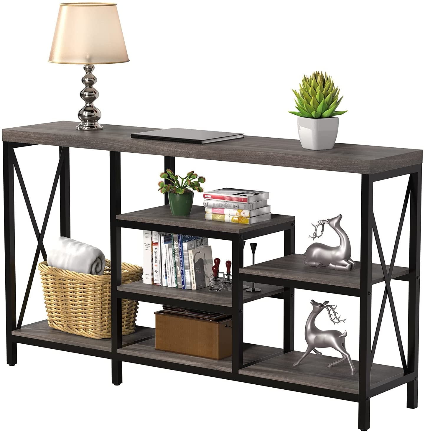 55inch 5-Tier Industrial Gray Console Table for Long Hall Entry Foyer ...