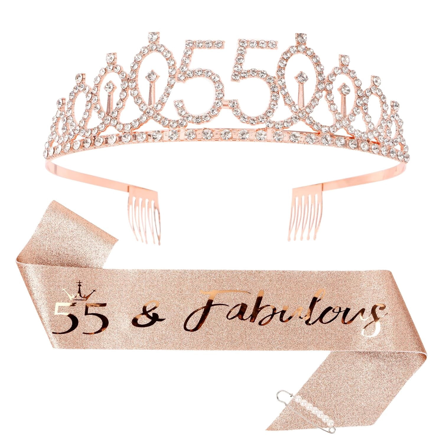 55th Birthday Crown & Sash Set - Pearl Pin Tiara, Fabulous 55th ...