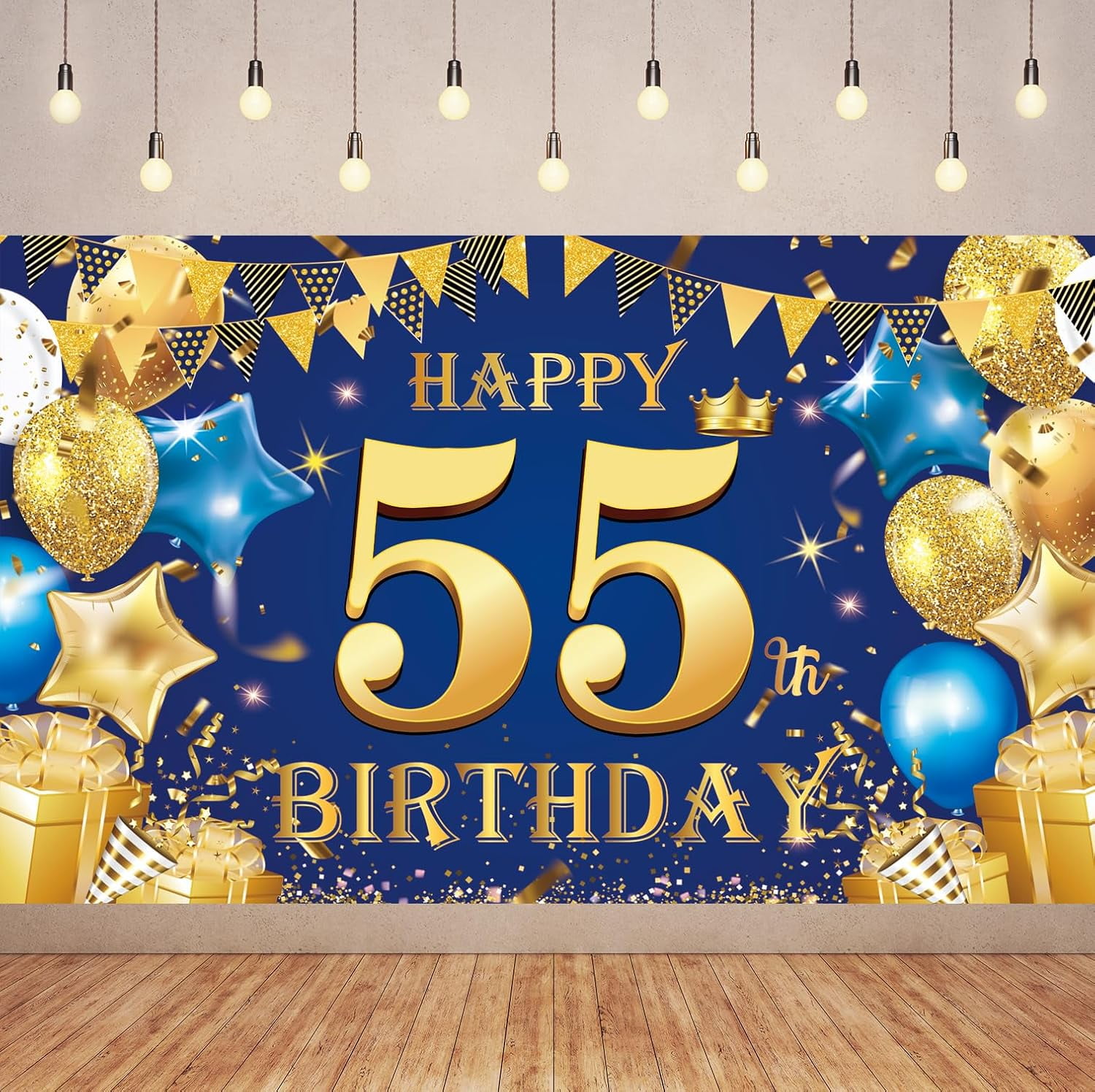 55th Birthday Party Banner,Blue Gold Happy 55th Birthday Backdrop,Happy ...