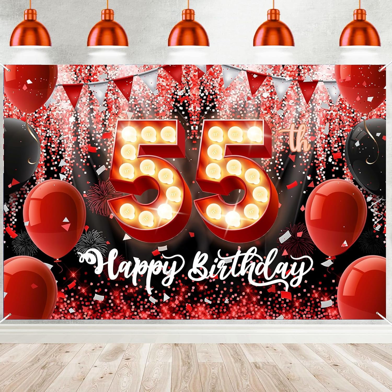 55th Happy Birthday Banner Red Sequin Balloon Banner Backdrop for Man ...