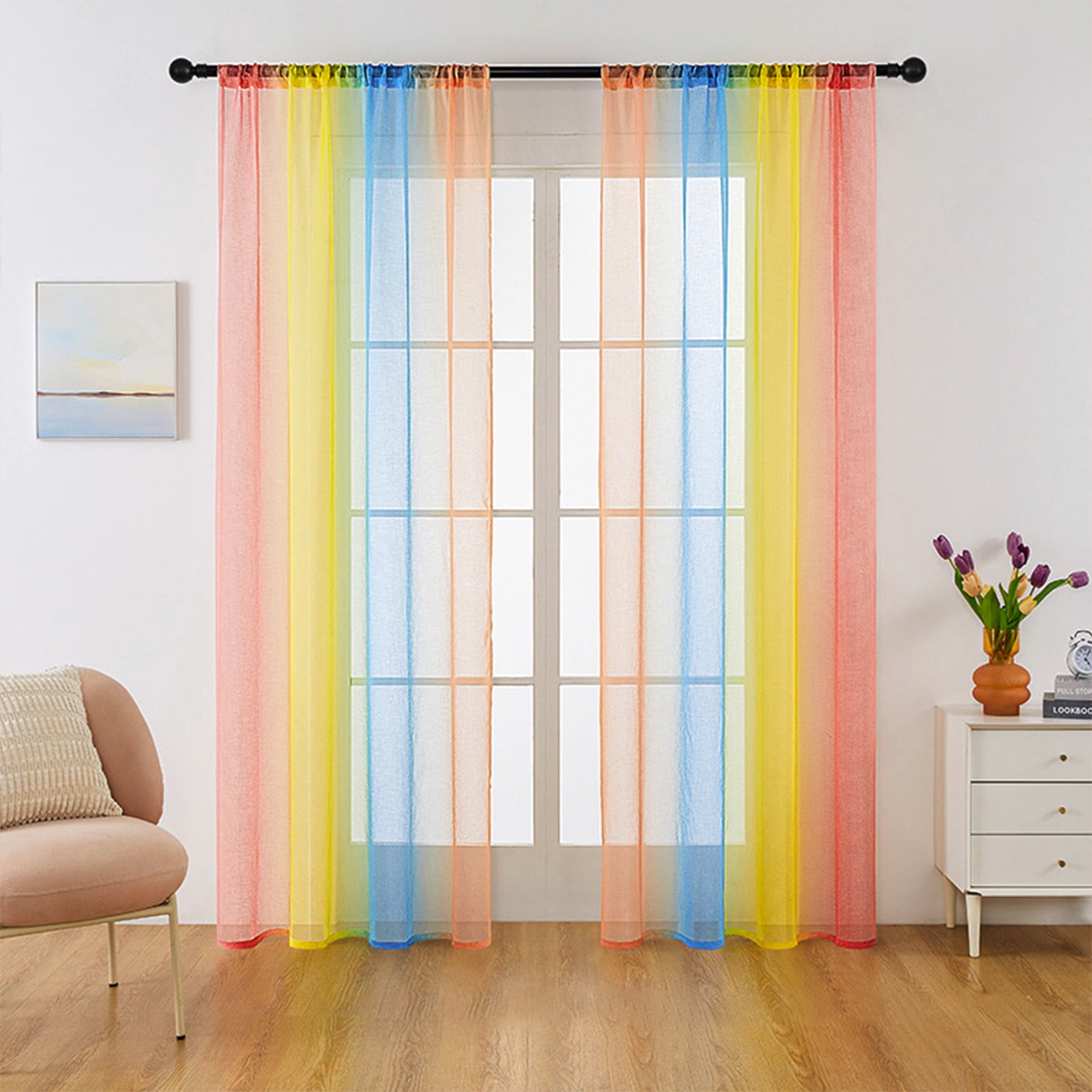 55x63 Inches Rainbow Color Sheer Curtain Panel, Semi-Transparent Voile ...
