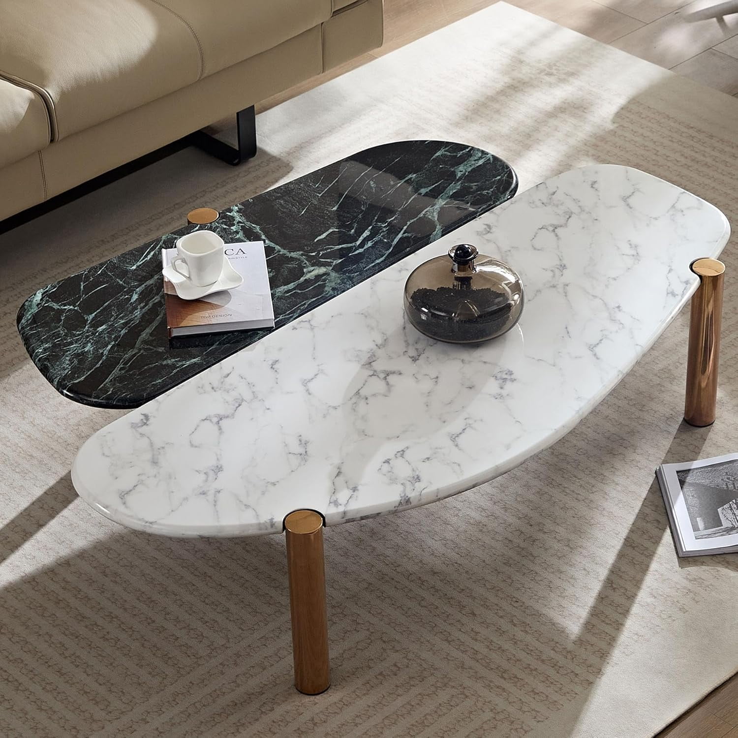 56.29" Coffee Table Living Room Modern Center Table with Faux Marble ...