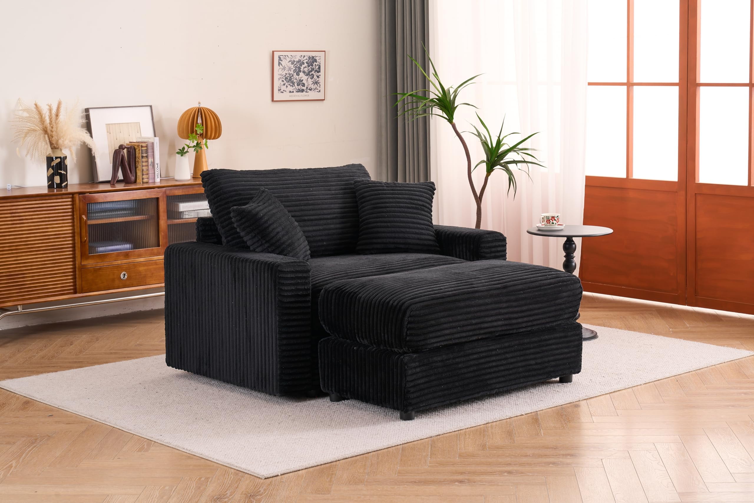 56.3" Comfortable Single Sofa with Ottoman,Corduroy Chaise Lounge with ...
