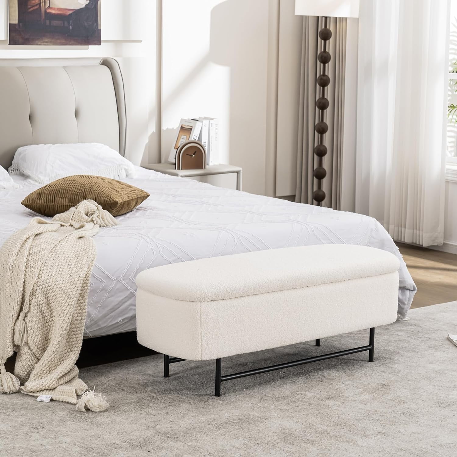 56" Boucle Storage Bench for Bedroom Upholstered Teddy Ottoman Bench ...