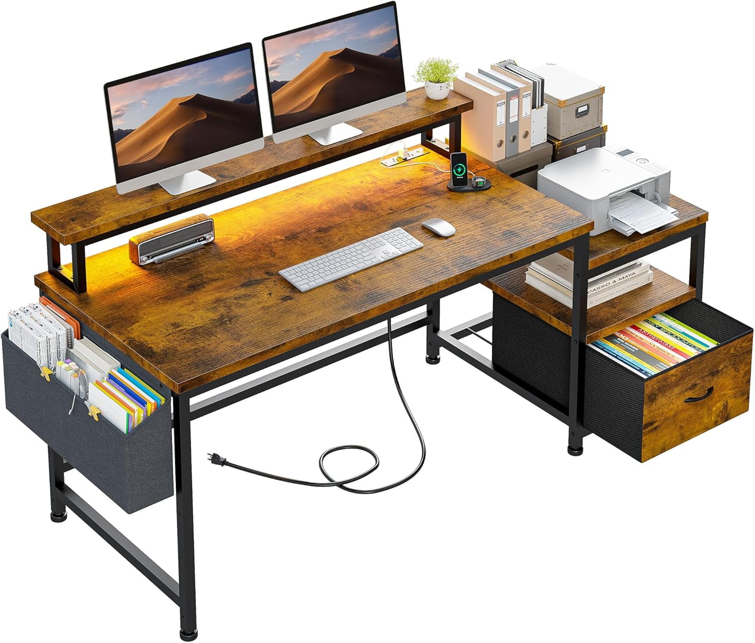 56.5" Desk with Power Outlets,Home Office Desks with File Drawers ...