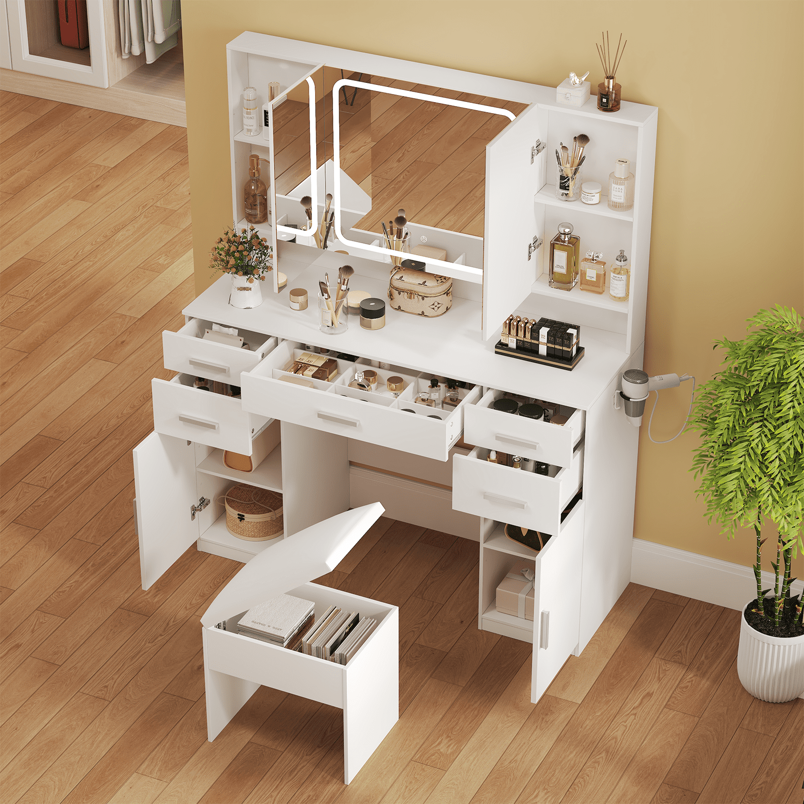 56.5" Vanity Table with Tri-Fold LED Mirror & Hair Dryer Holder & Stool ...