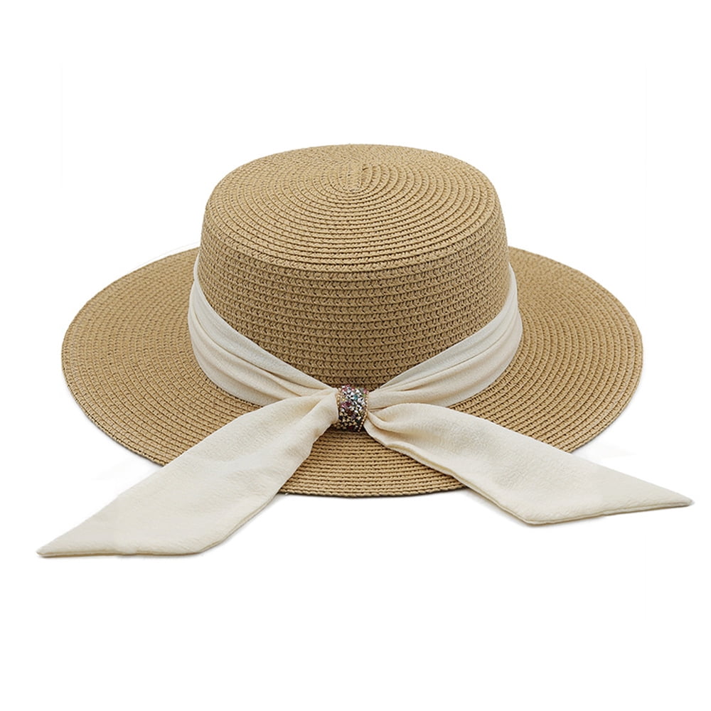 56-58cm hat circumference female streamer straw hat summer flat top hat ...