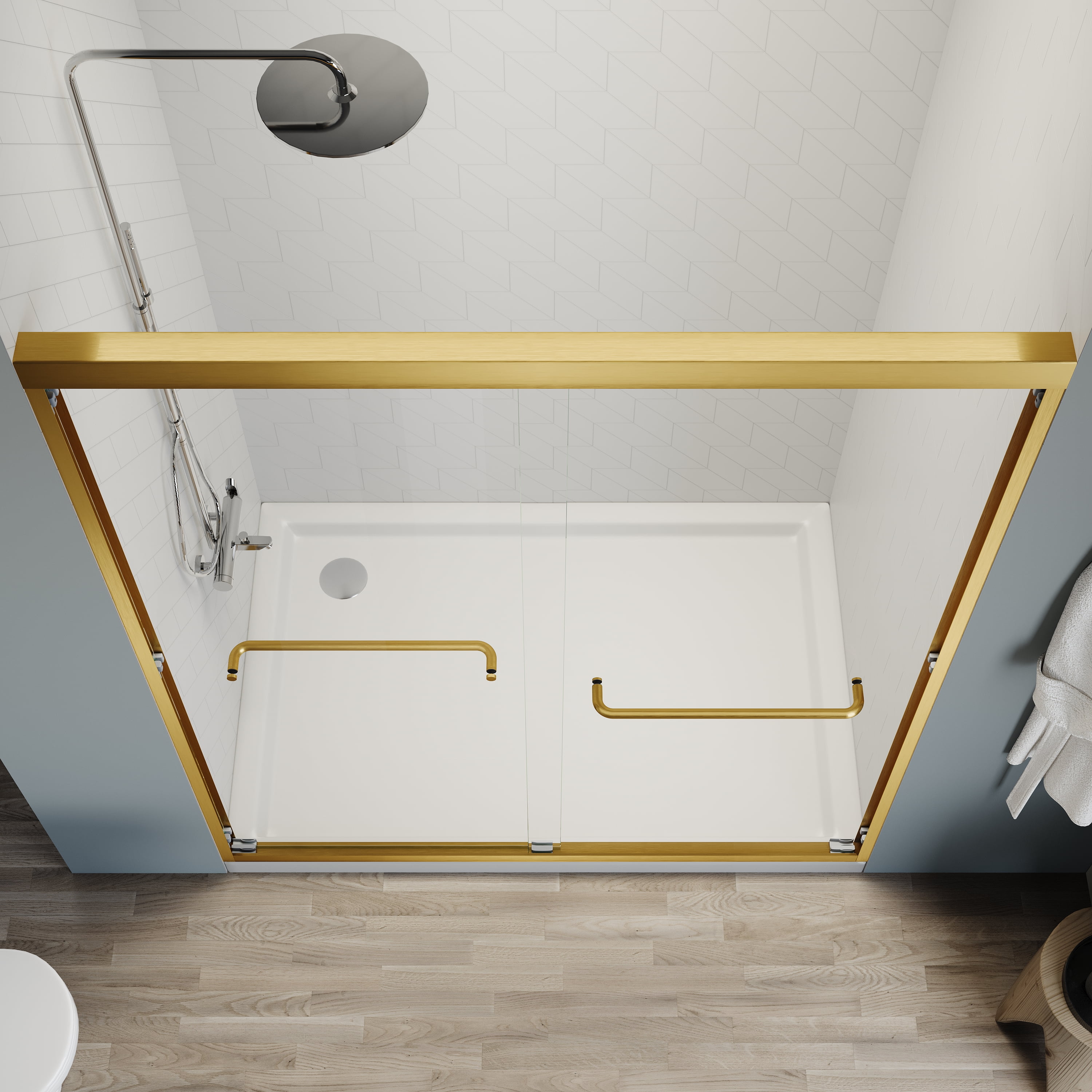 56-60" Brushed Gold Sliding Shower Door - Semi-Frameless Adjustable ...