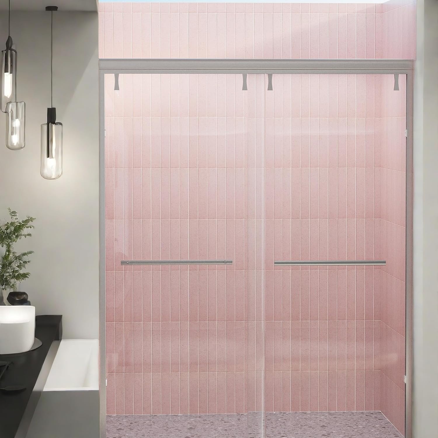 56-60 In. W X 72 In. H Semi-Frameless Double Sliding Shower Door with 6MM Clear Tempered Glass ...