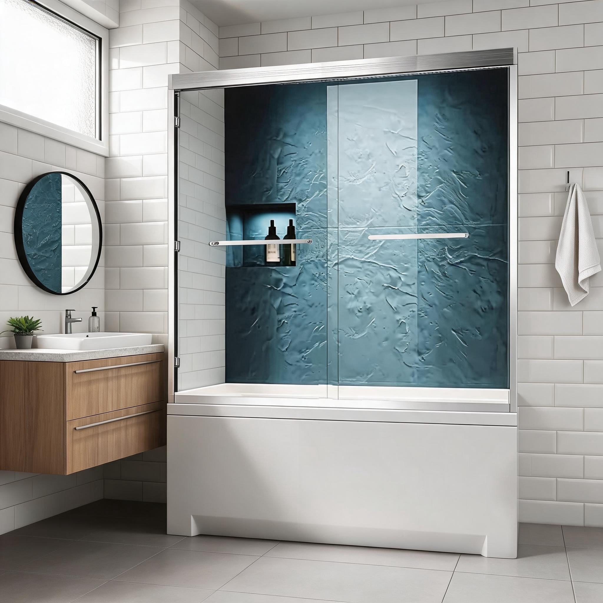 56-60 Inch Width Double Sliding Tub Shower Door, Clear Tempered Glass ...