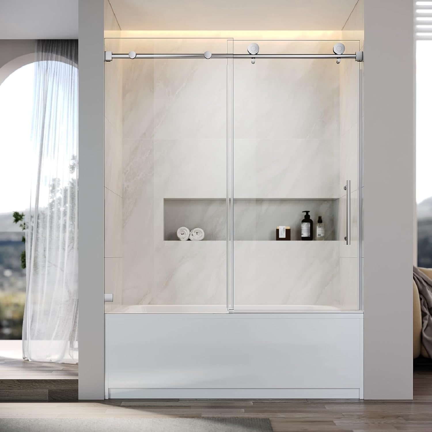 56"- 60" W × 66" H Frameless Stainless Steel Sliding Shower Door in Brushed Nickel with 5/16 ...