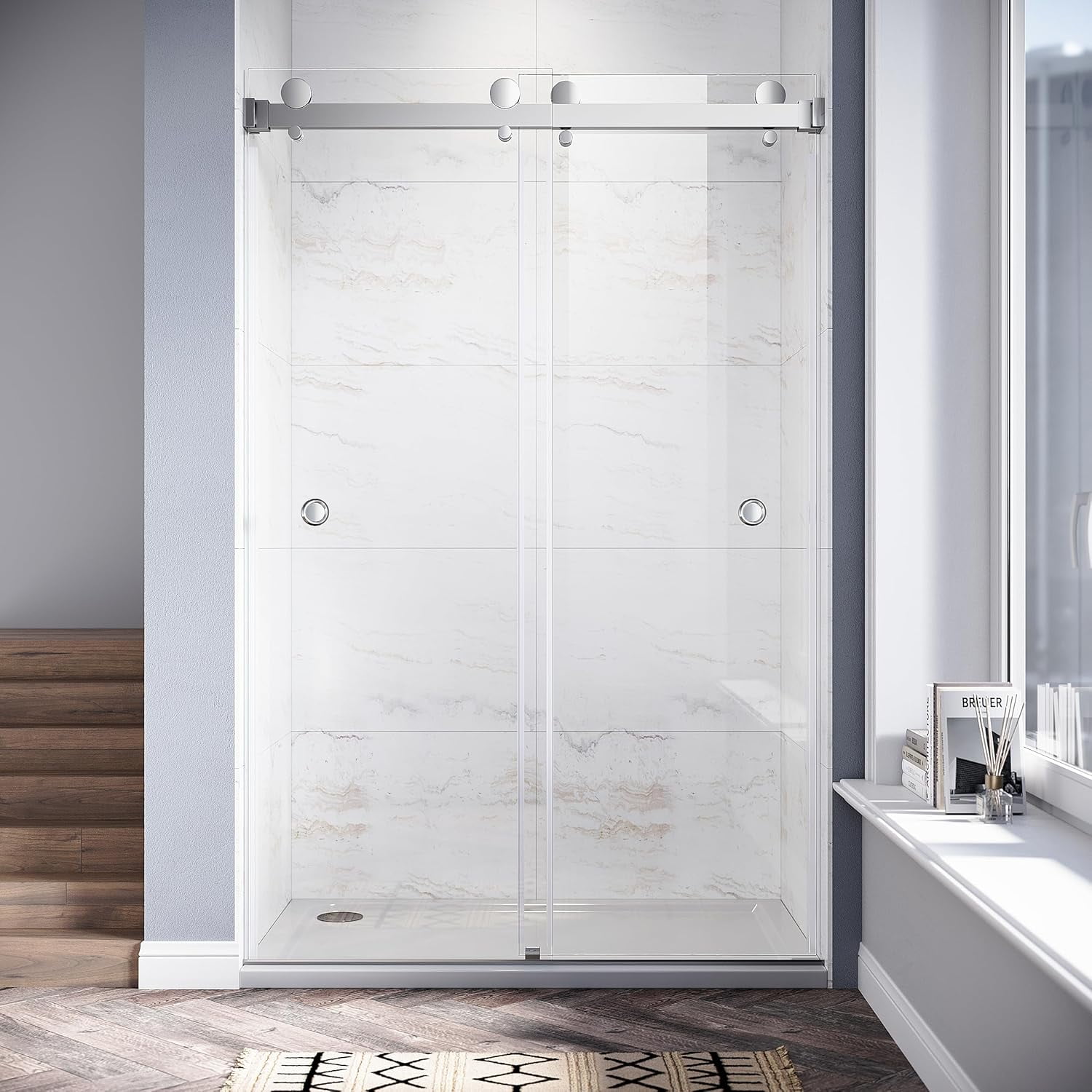 56"- 60" W×80" H Frameless Stainless Steel Bypass Shower Door and Two ...