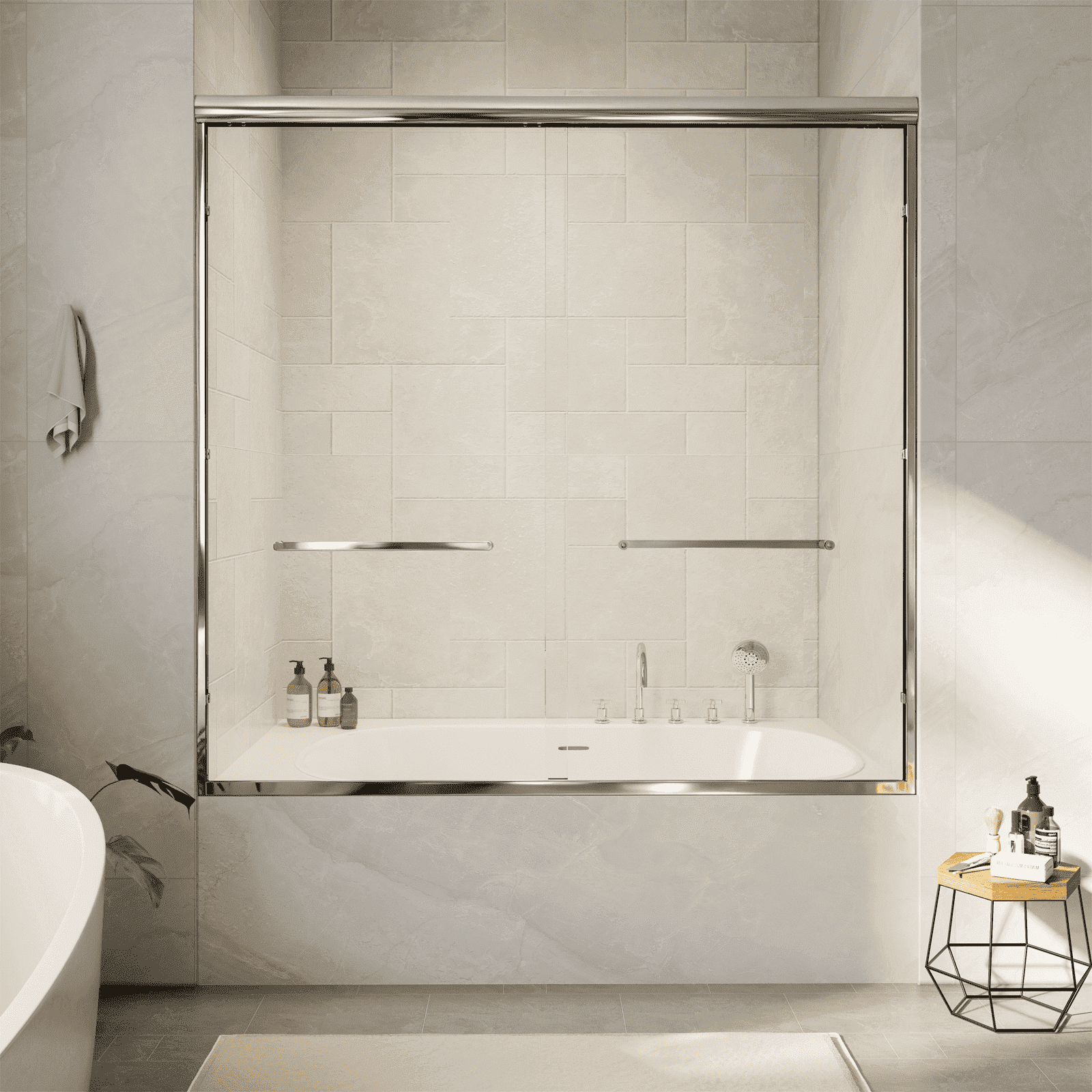 56-60"W x 57"H Double Sliding Tub Semi-Frameless Shower Door,1/4" Clear ...