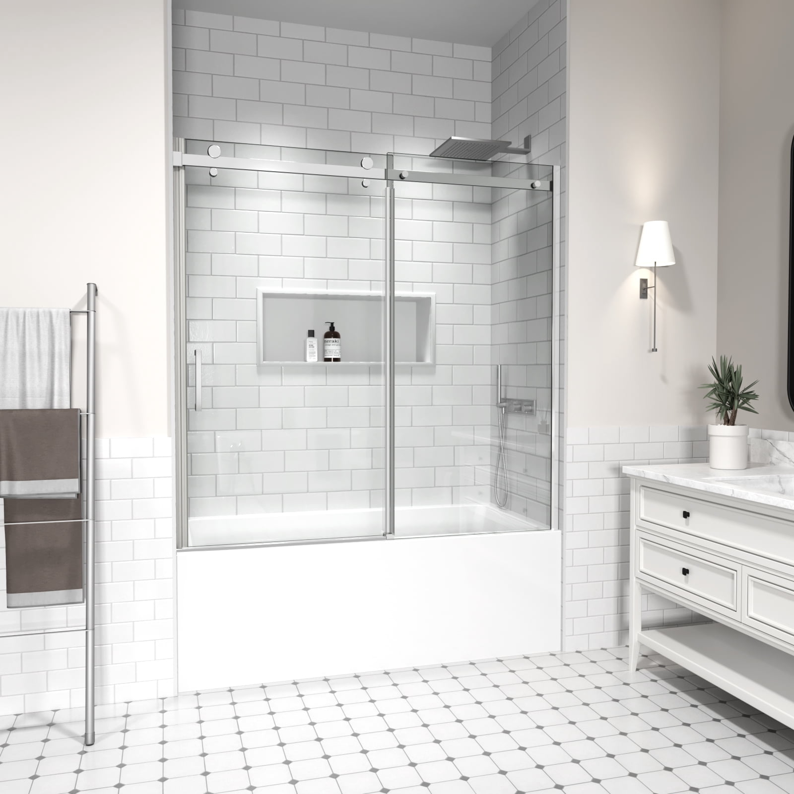56-60" W x 58" H Frameless Bathtub Sliding Doors, Glass Shower Door for ...