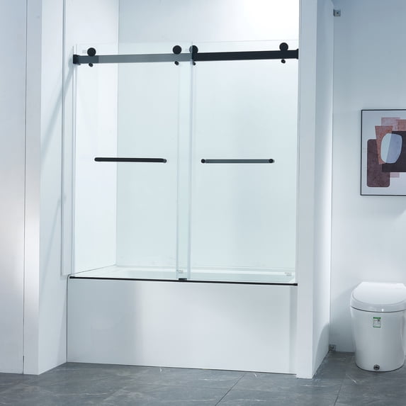 56-60"W x 60"H Frameless Double Sliding Tub Shower Door, 304 Stainless ...