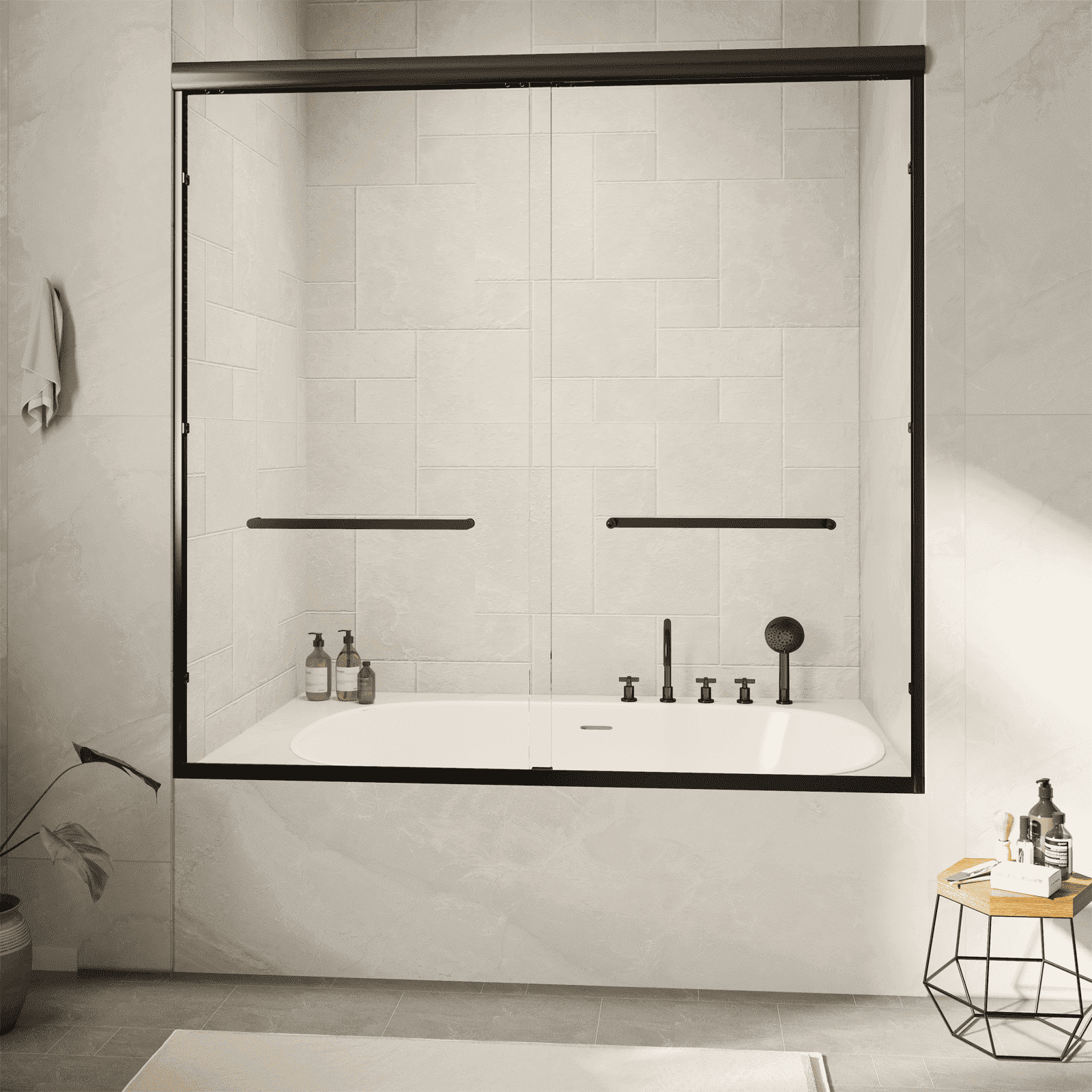 56-60"W x 62"H Double Sliding Tub Semi-Frameless Shower Door,1/4" Clear ...