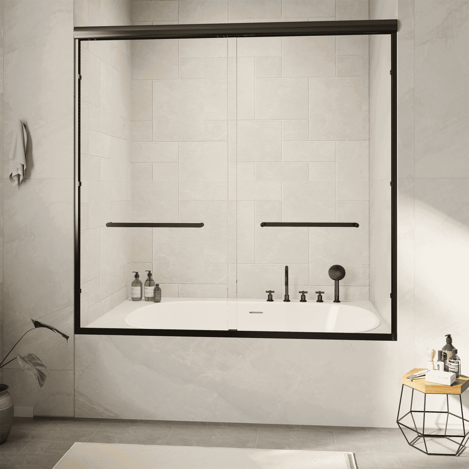 56-60"W x 62"H Double Sliding Tub Semi-Frameless Shower Door,1/4" Clear ...