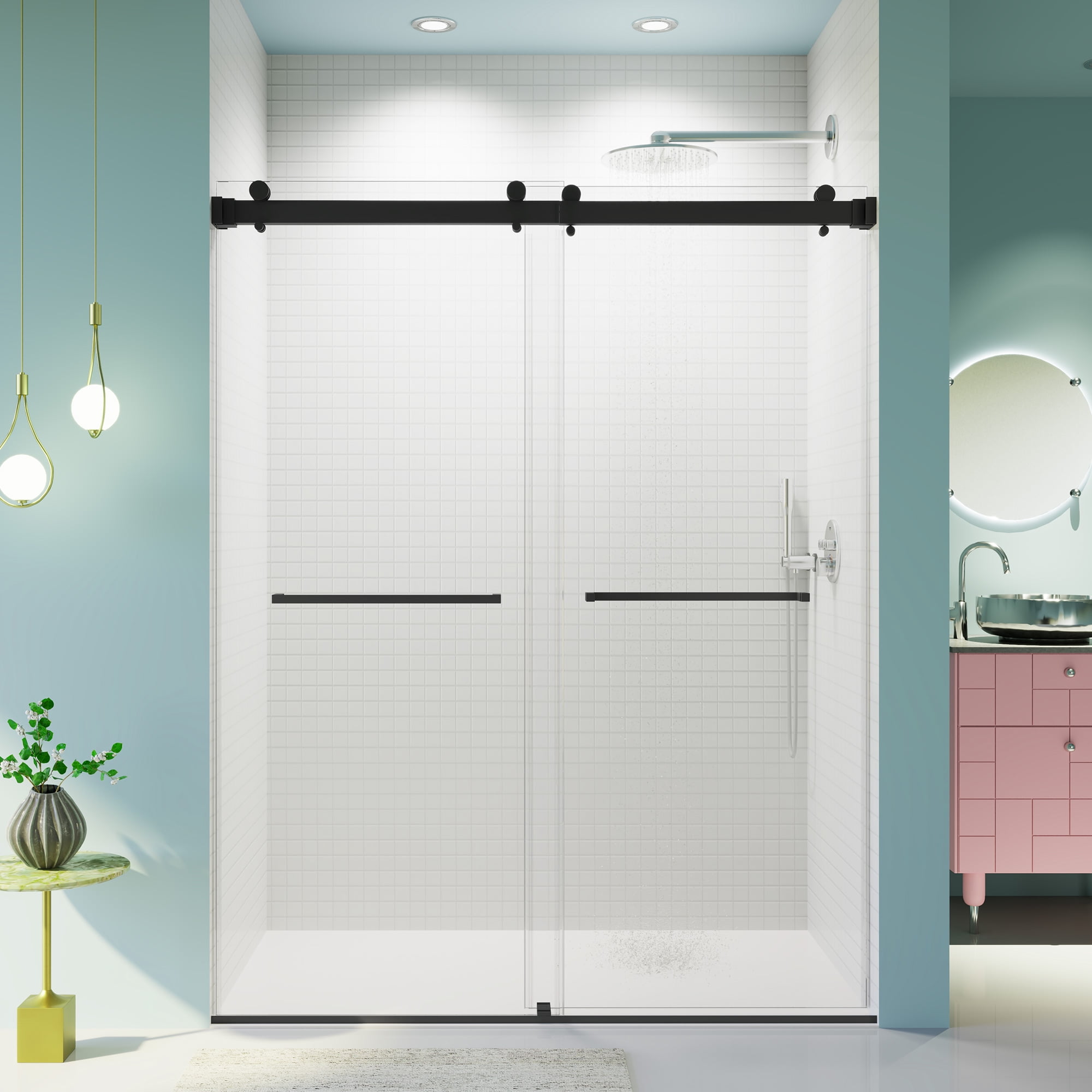 56-60" W x 76" H Frameless Double Sliding Shower Door, Water Repellent Black Shower Doors 3/8 ...