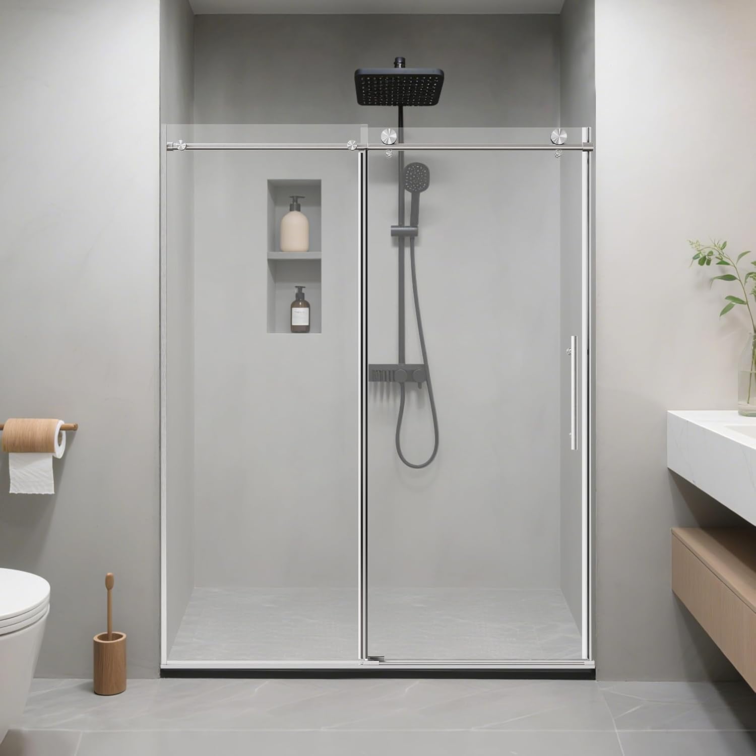 56-60" W x 76" H Single Sliding Shower Door, Square Corner Stainless ...
