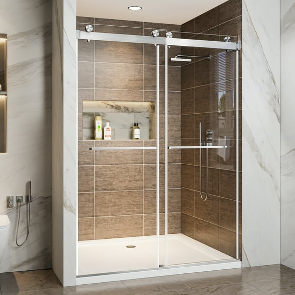56"-60" W x 78" H Frameless Double Sliding Shower Door Soft-Close Brushed Nickel Shower Screen 3 ...