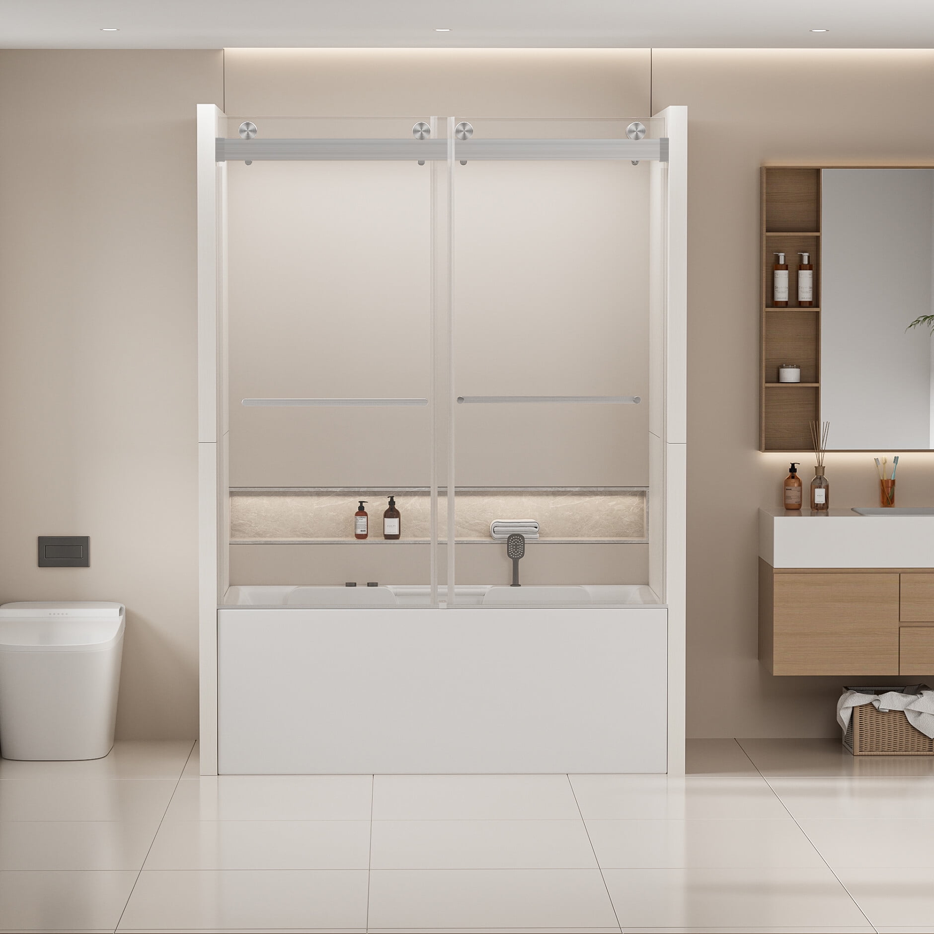 56-60 in. W x 62 in. H Frameless Double Sliding Shower Door with Soft ...