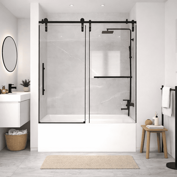 56-60" x 66" H Frameless Sliding Bathtub Door, Tub Shower Door, 5/16 ...
