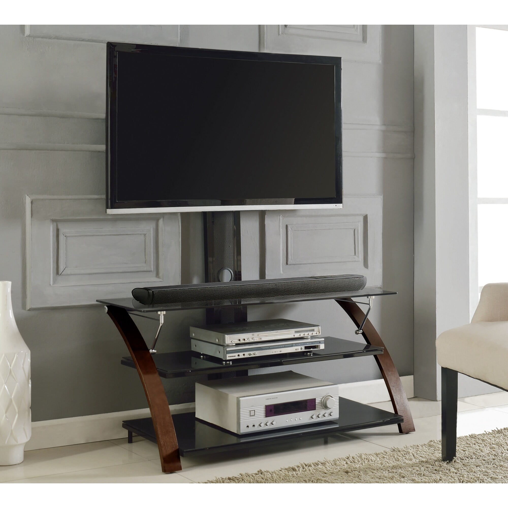 Elie Modern 55-in Bentwood TV Stand with Metal Frame & 3 Black Glass ...